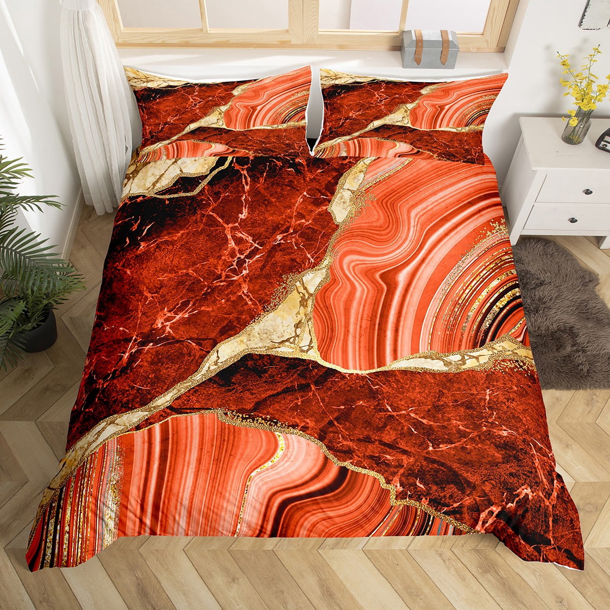 Orange Marble Duvet Cover Full Gold Crack Bedding Set Women, Abstract ...