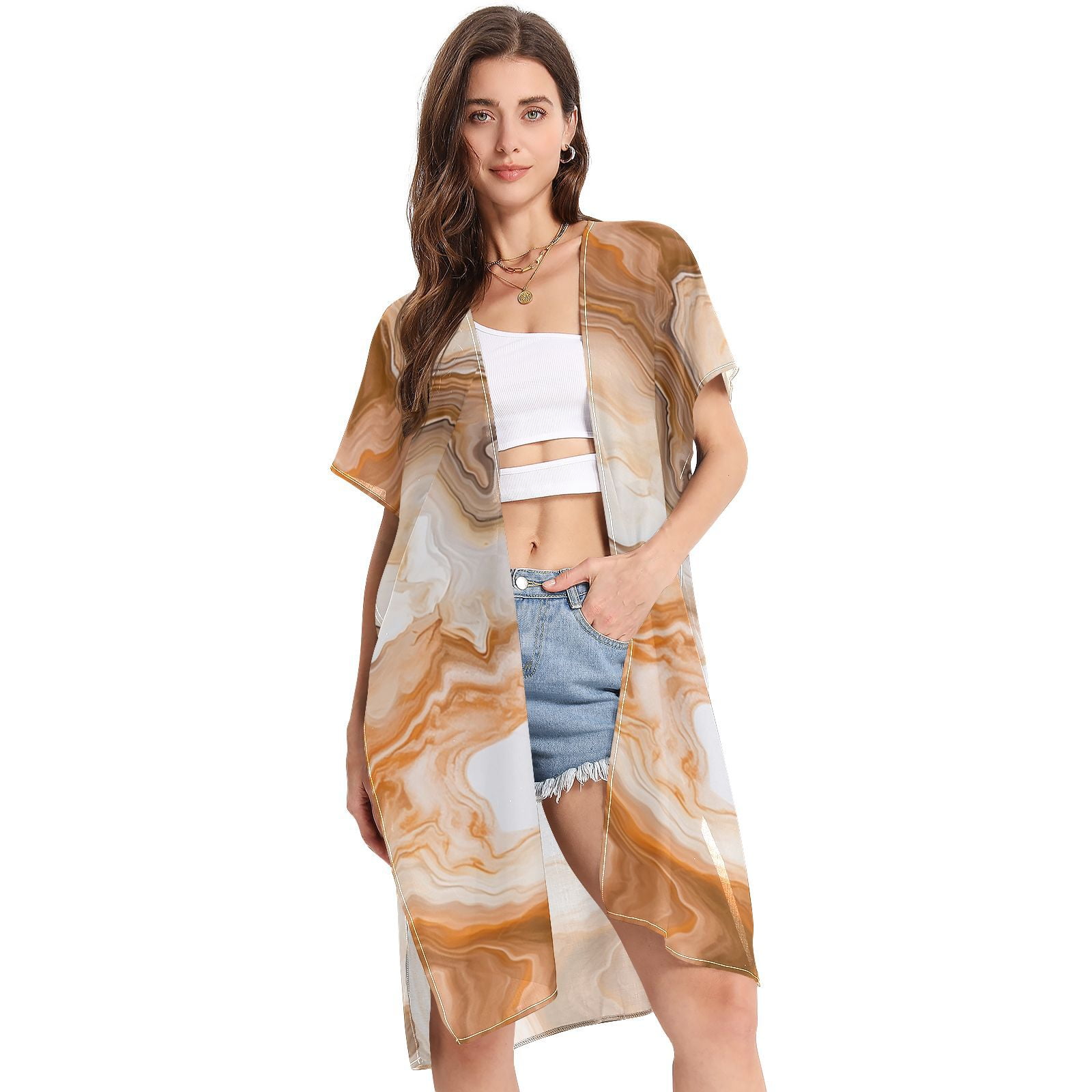 Orange Marble Women Swimsuit Cover up V Neck Beach Dress Short Sleeve ...
