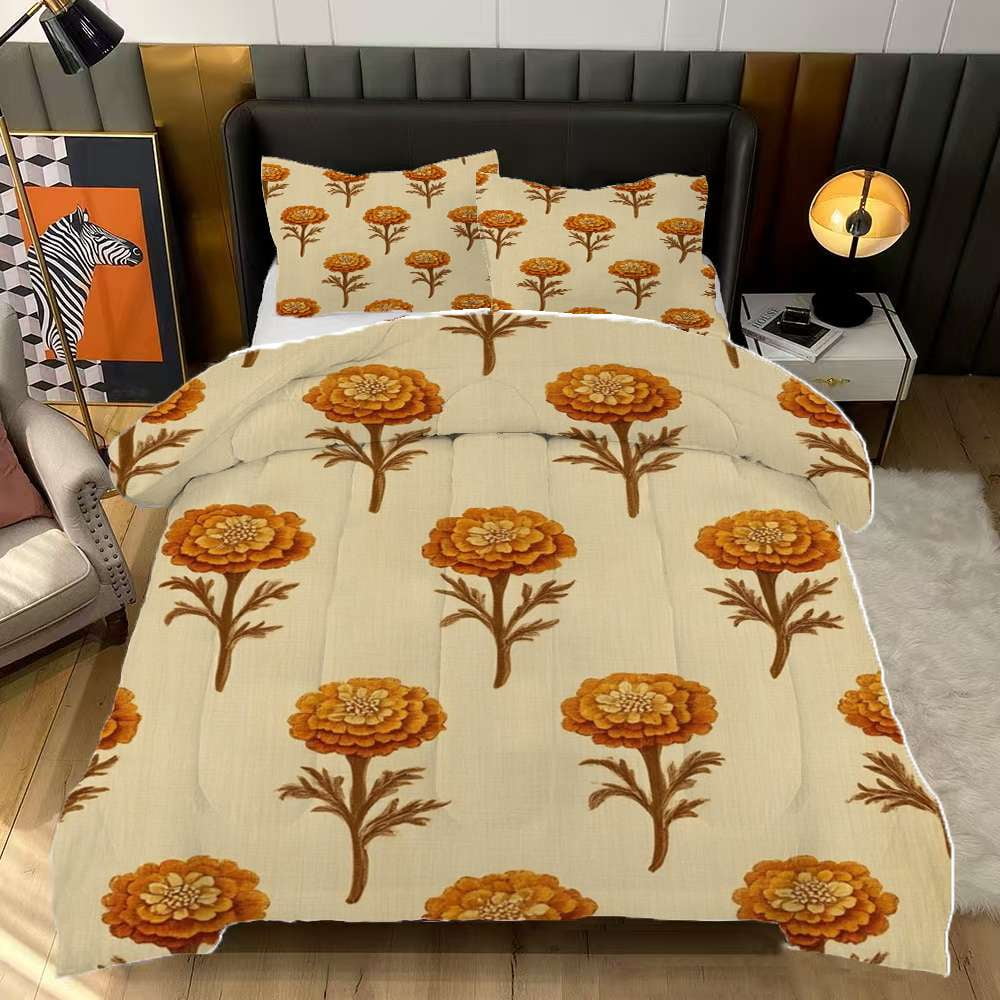 Orange Marigold Floral Pattern Fabric Comforter Set Full Size Bedding ...