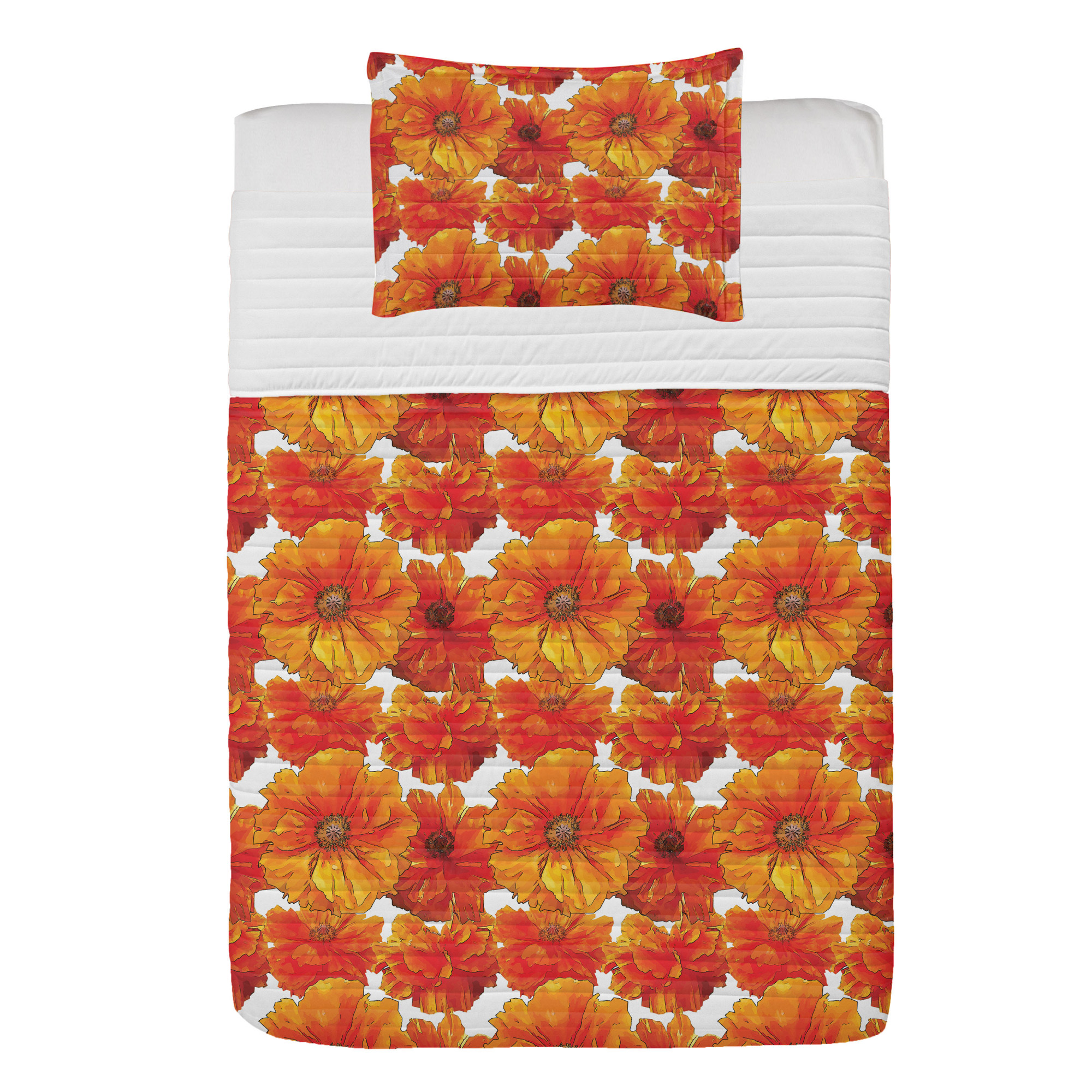 Orange Microfiber Bedspread Set, Big Flourishing Bohemian Poppies on ...