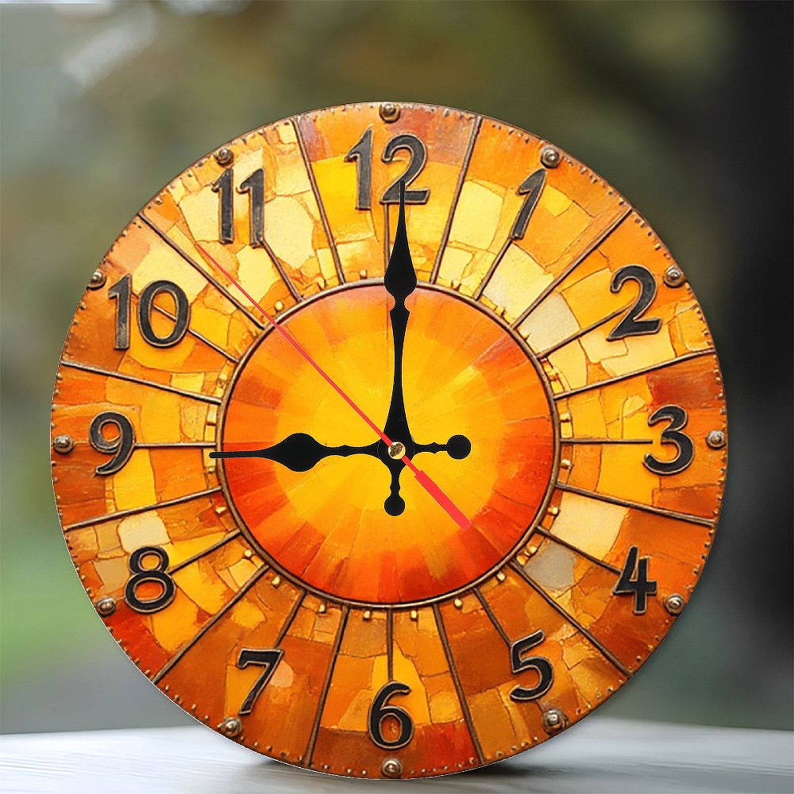 Orange Mosaic Sunburst Wall Clock 10-Inch Silent Wooden Wall Clock ...