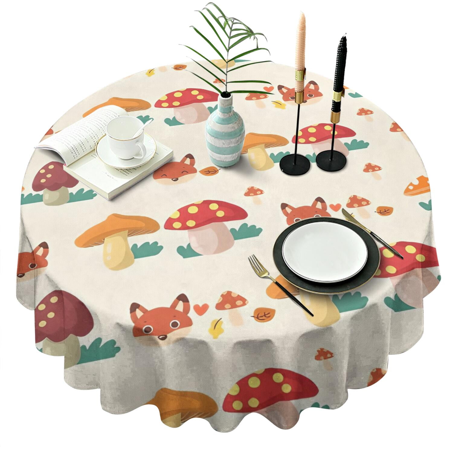 Orange Mushroom Fox Light Pattern Round Tablecloth 60"x60",Wrinkle ...