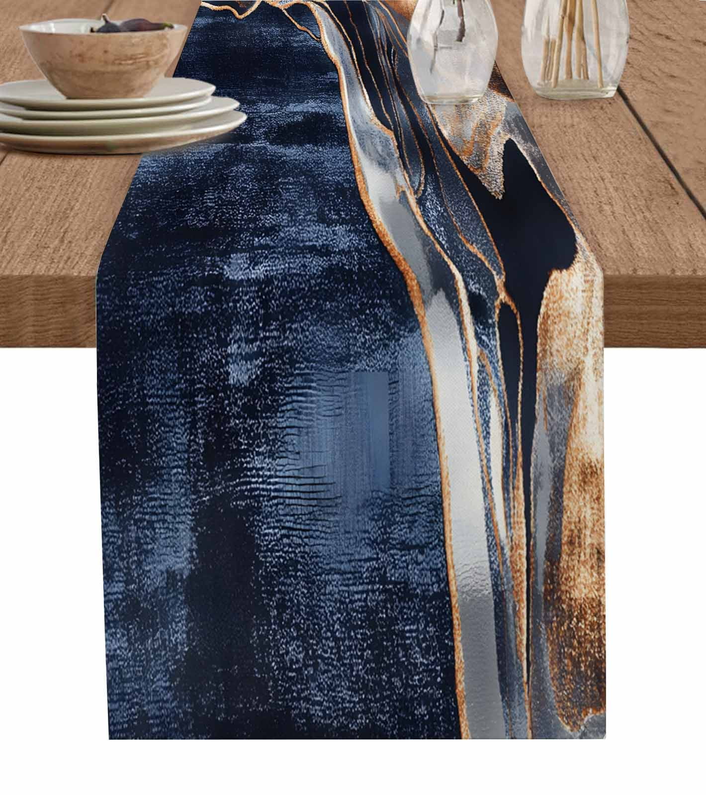 Orange Navy Blue Burlap Cotton Table Runner 13x72 Inches Long, Marble ...