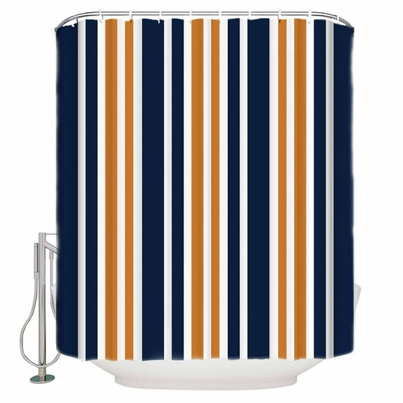Orange Navy Blue Striped Bathroom Shower Curtains with 12 Hooks ...