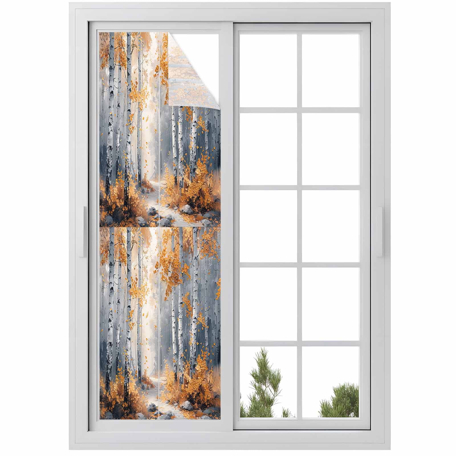 Orange Navy Blue Window Privacy Film, Modern Oil Painting Art Forest ...