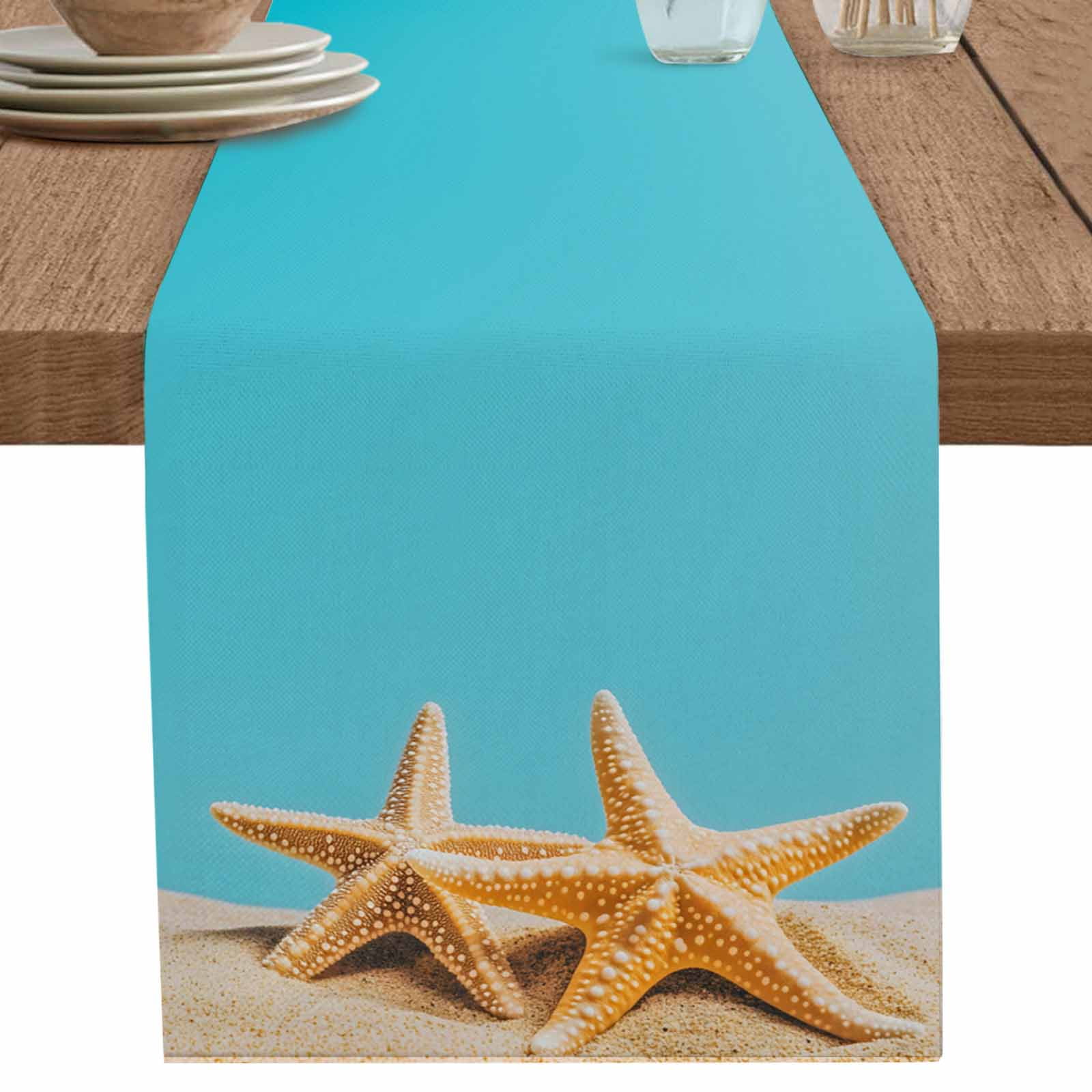 Orange Ocean Starfish Summer Blue Sky Table Runner-70 Inch Long Seaside Beach Table Runners ...