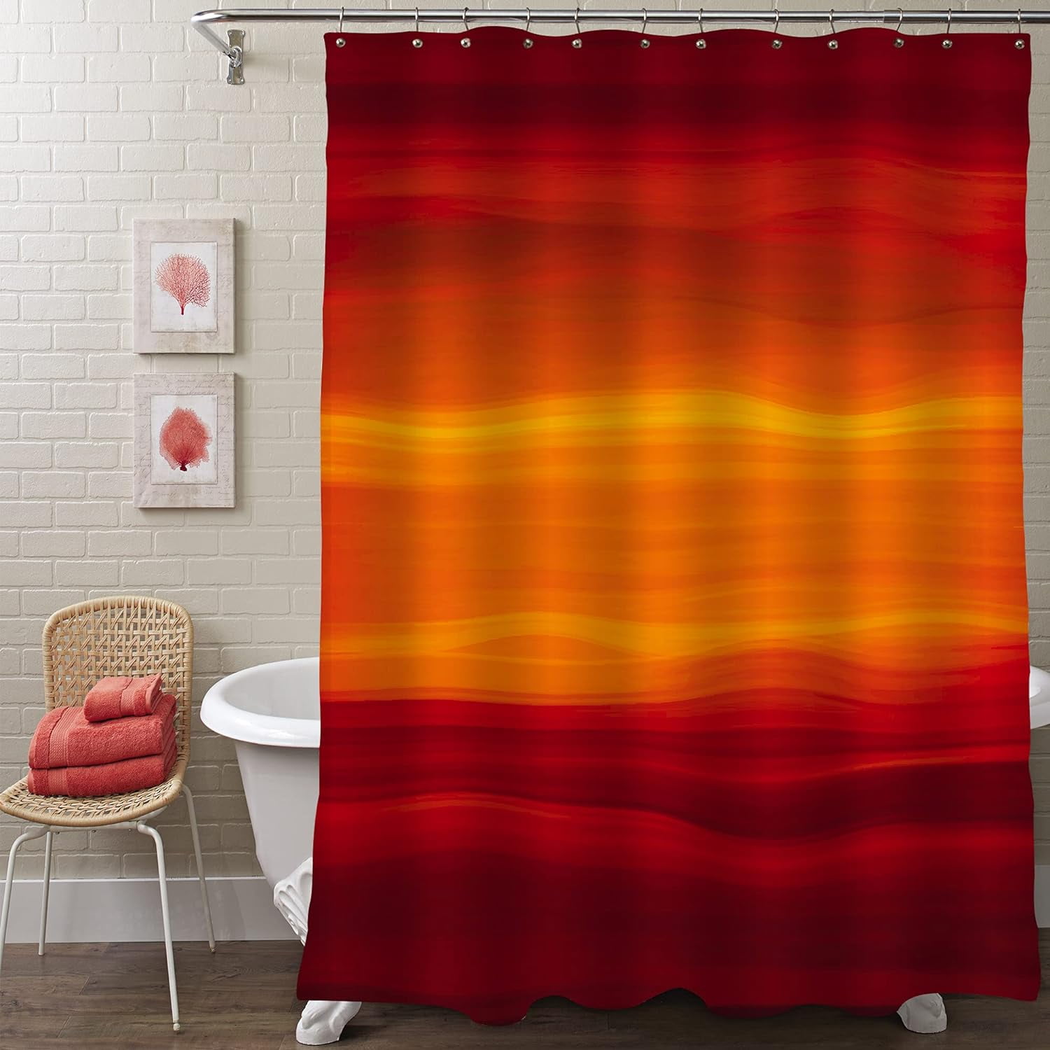 Orange Ombre Shower Curtain Set, Abstract Ocean Standard Shower Curtain ...