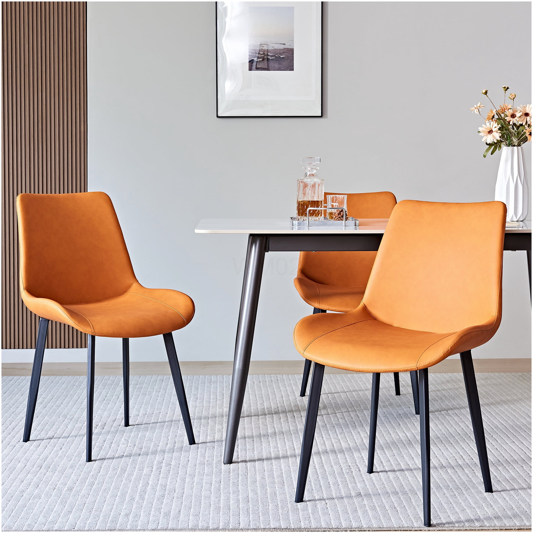 Orange PU Leather Dining Table Set of 2, Modern Kitchen Chairs with ...
