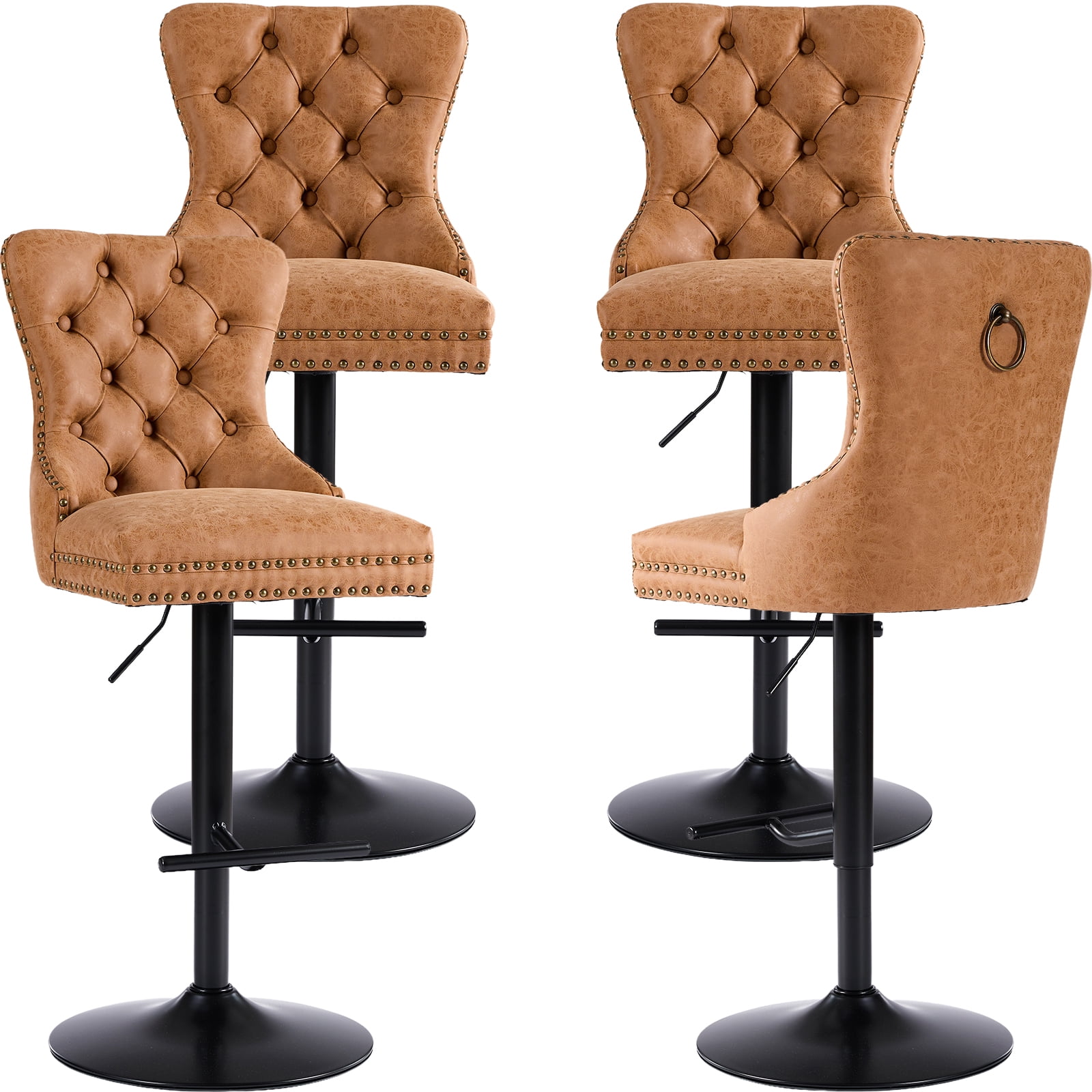Orange PU Leather Swivel Bar Stools Set of 4 with Upholstered Back ...