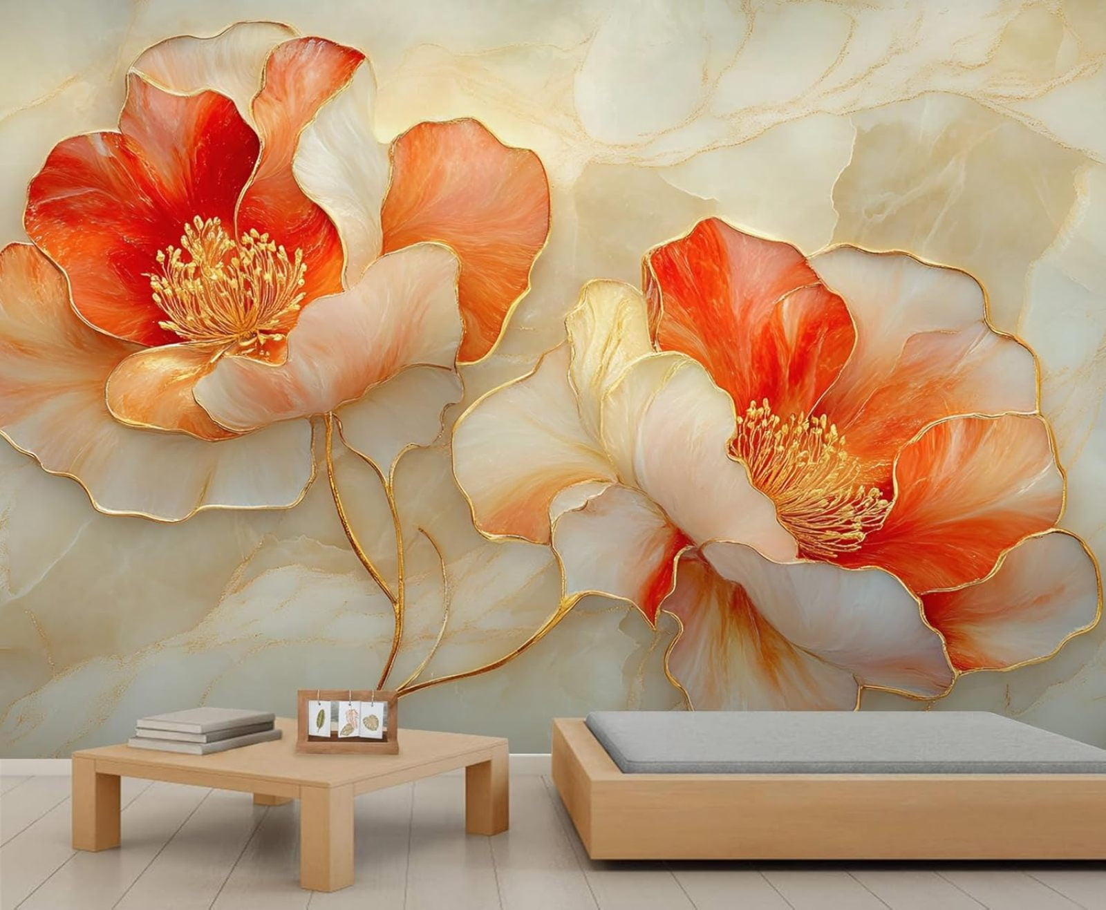 Orange Peony Flowers Mural Wallpaper, Modern Abstract Marble Texture ...