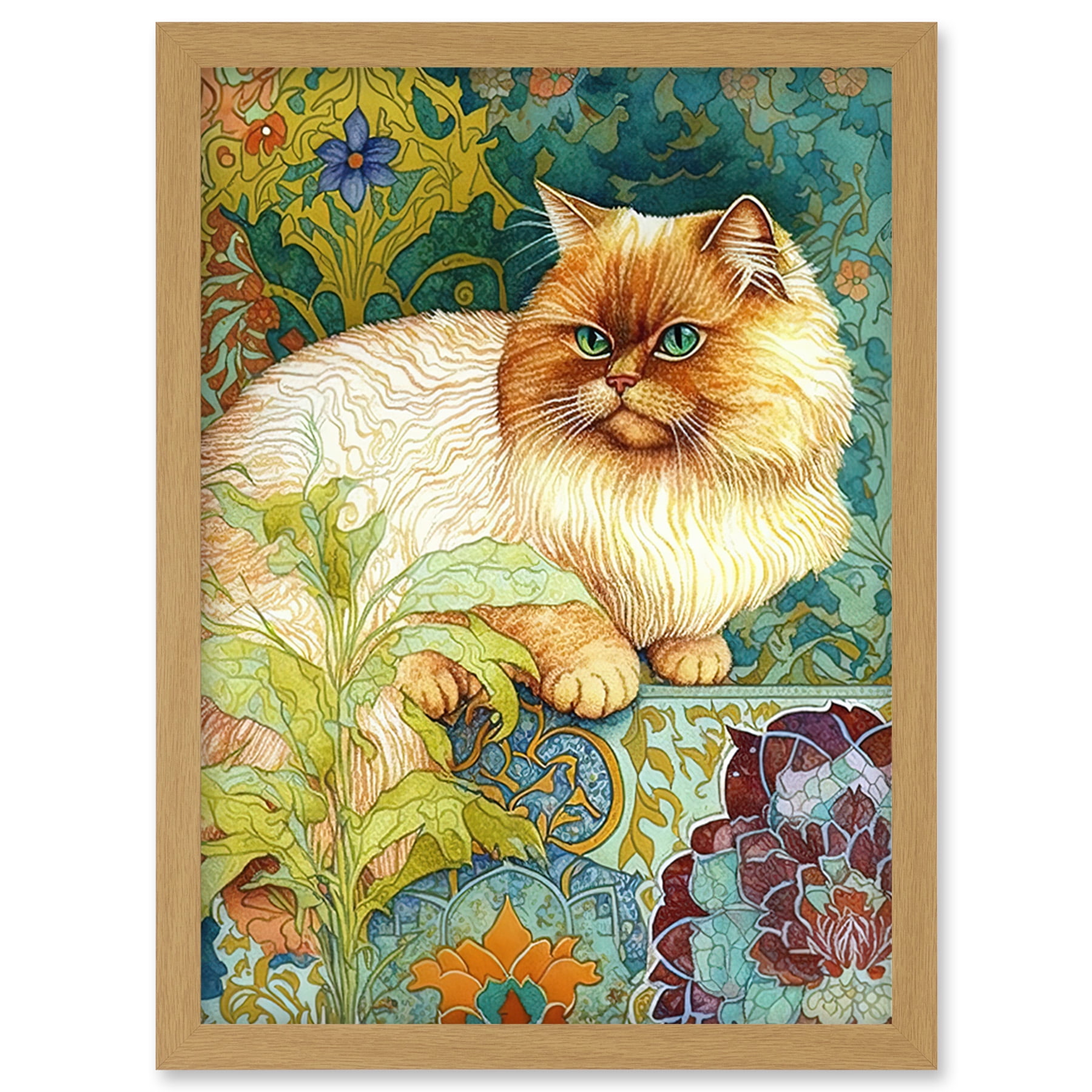 Orange Persian Cat William Morris Inspired Floral Pattern Colourful ...