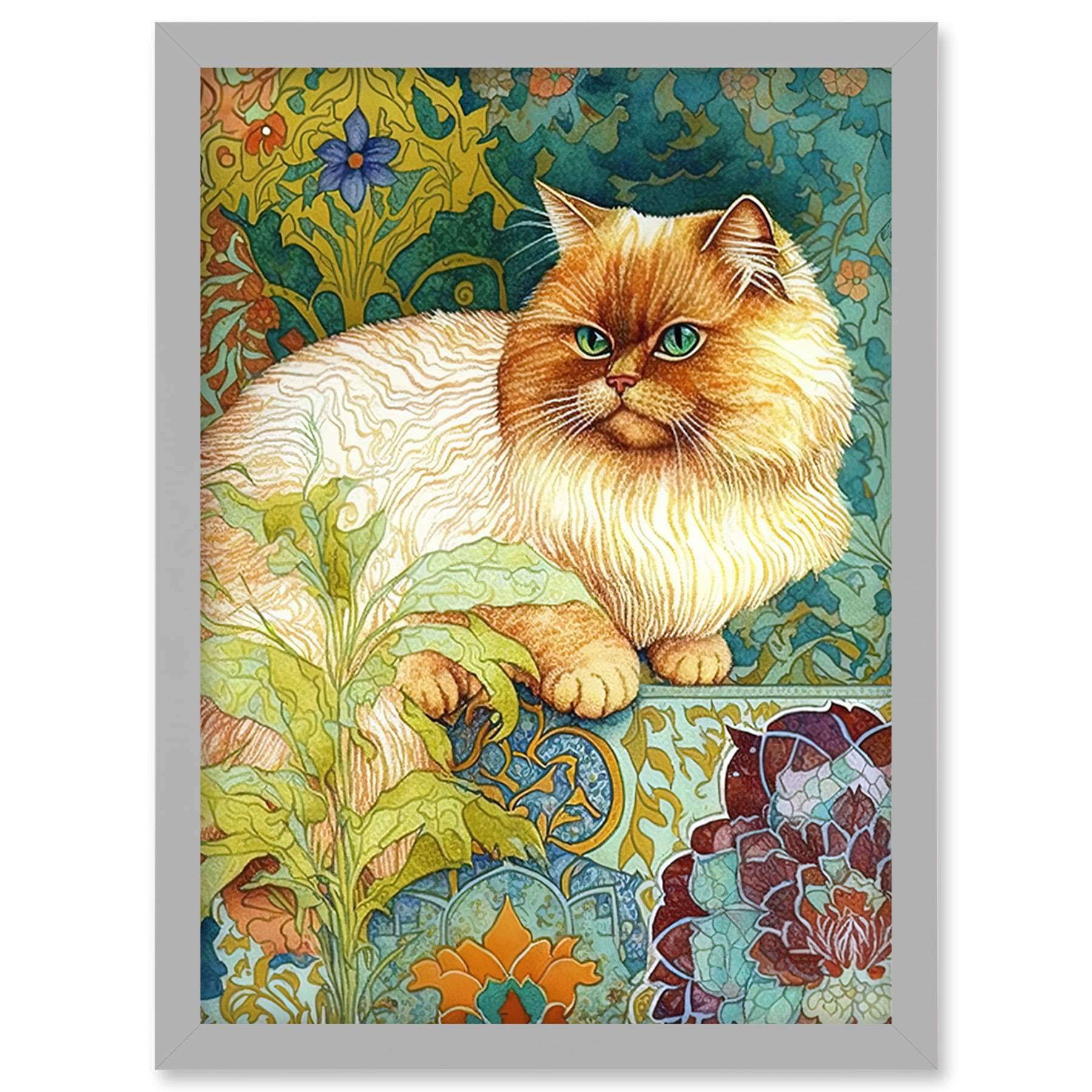 Orange Persian Cat William Morris Inspired Floral Pattern Colourful Modern Illustration Artwork ...