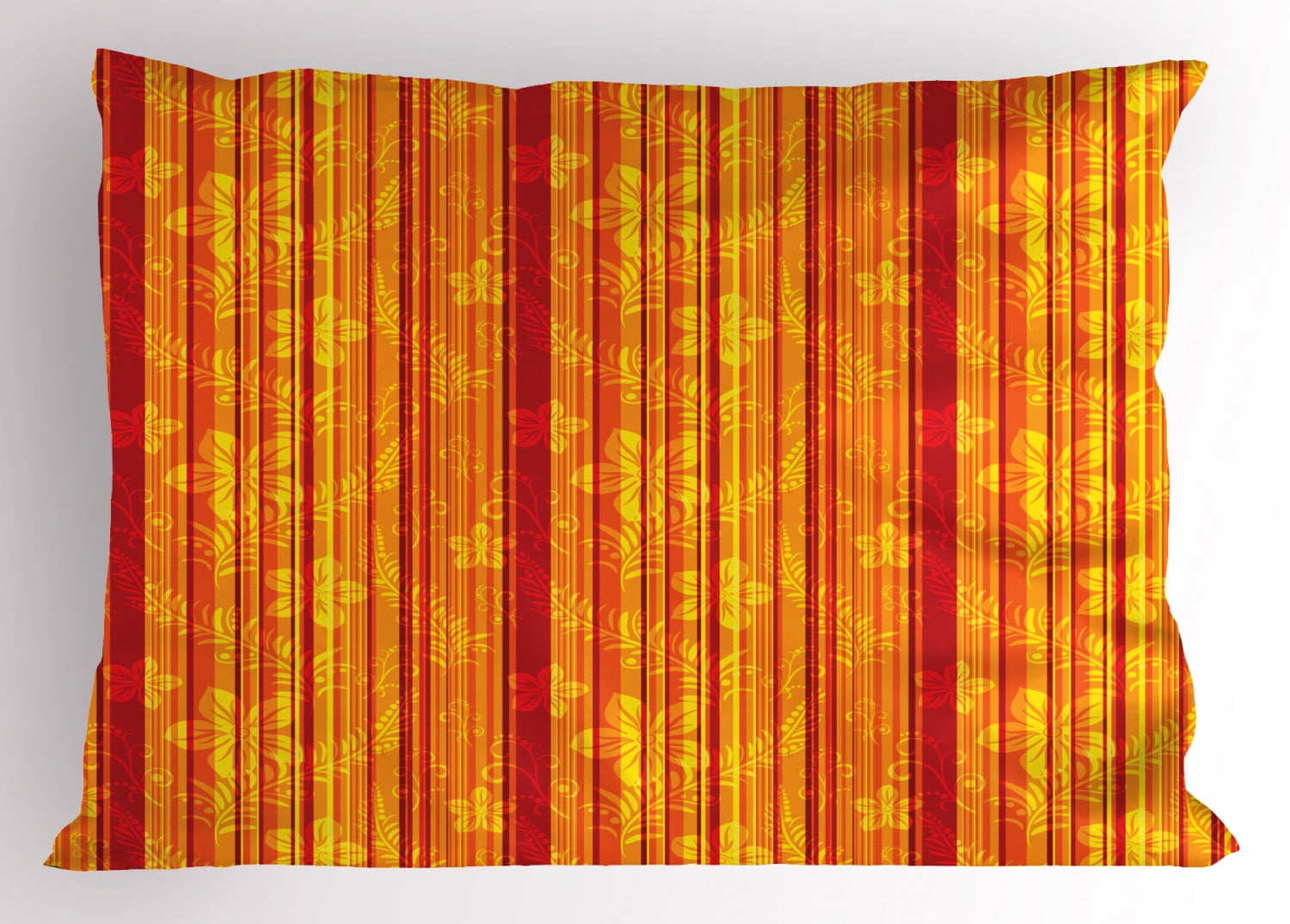 Orange Pillow Sham Vertically Stripes Pattern with Stylized Flowers ...
