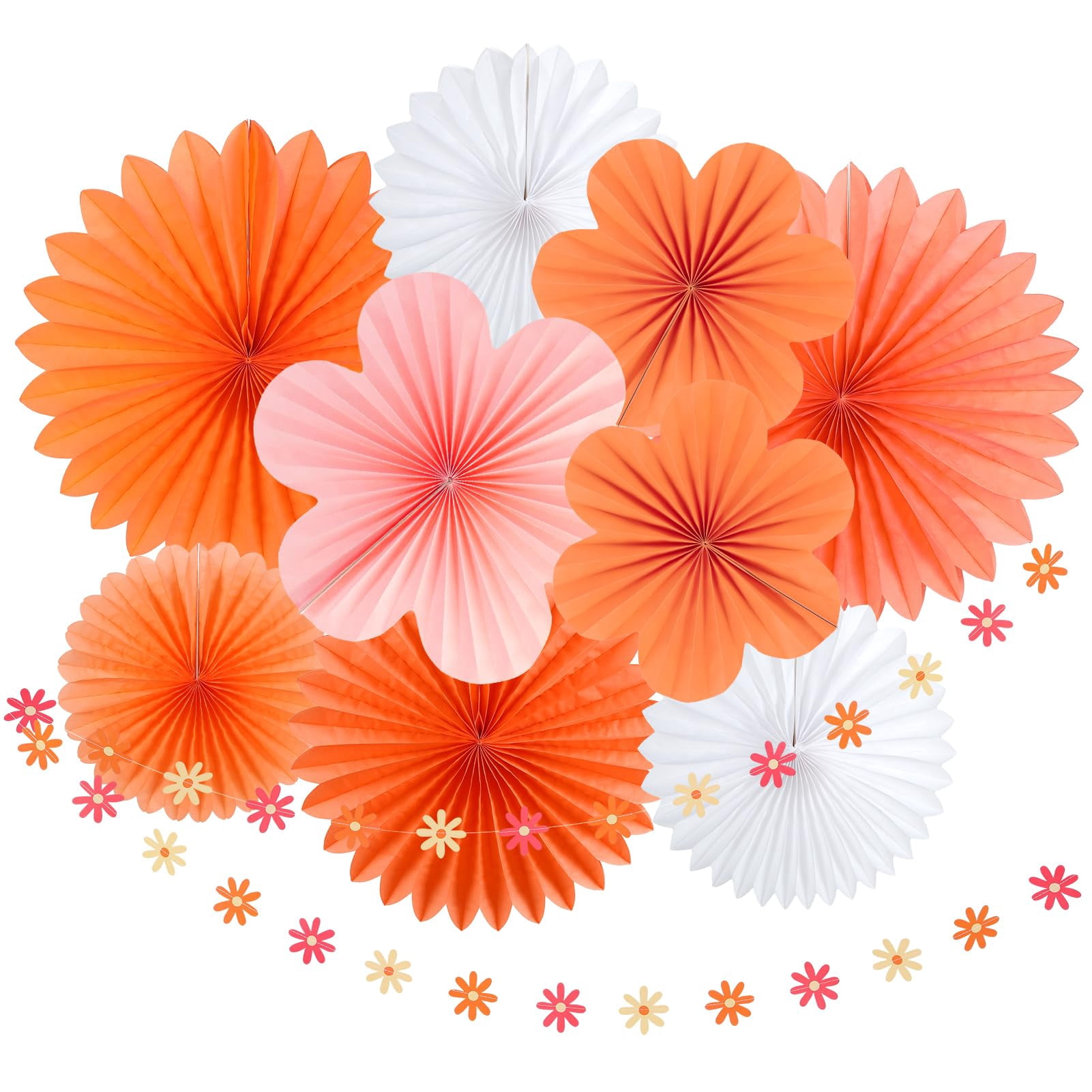 Orange Pink Flower Paper Fan Set with Daisy Banners Party Decorations ...