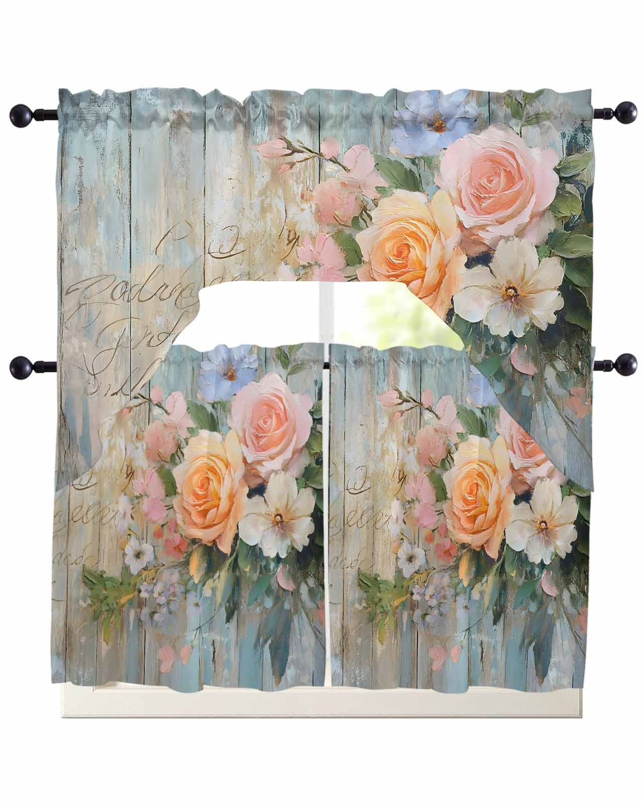 Orange Pink Rose Kitchen Curtains Swag Valance and Tier Curtains Set 24 ...