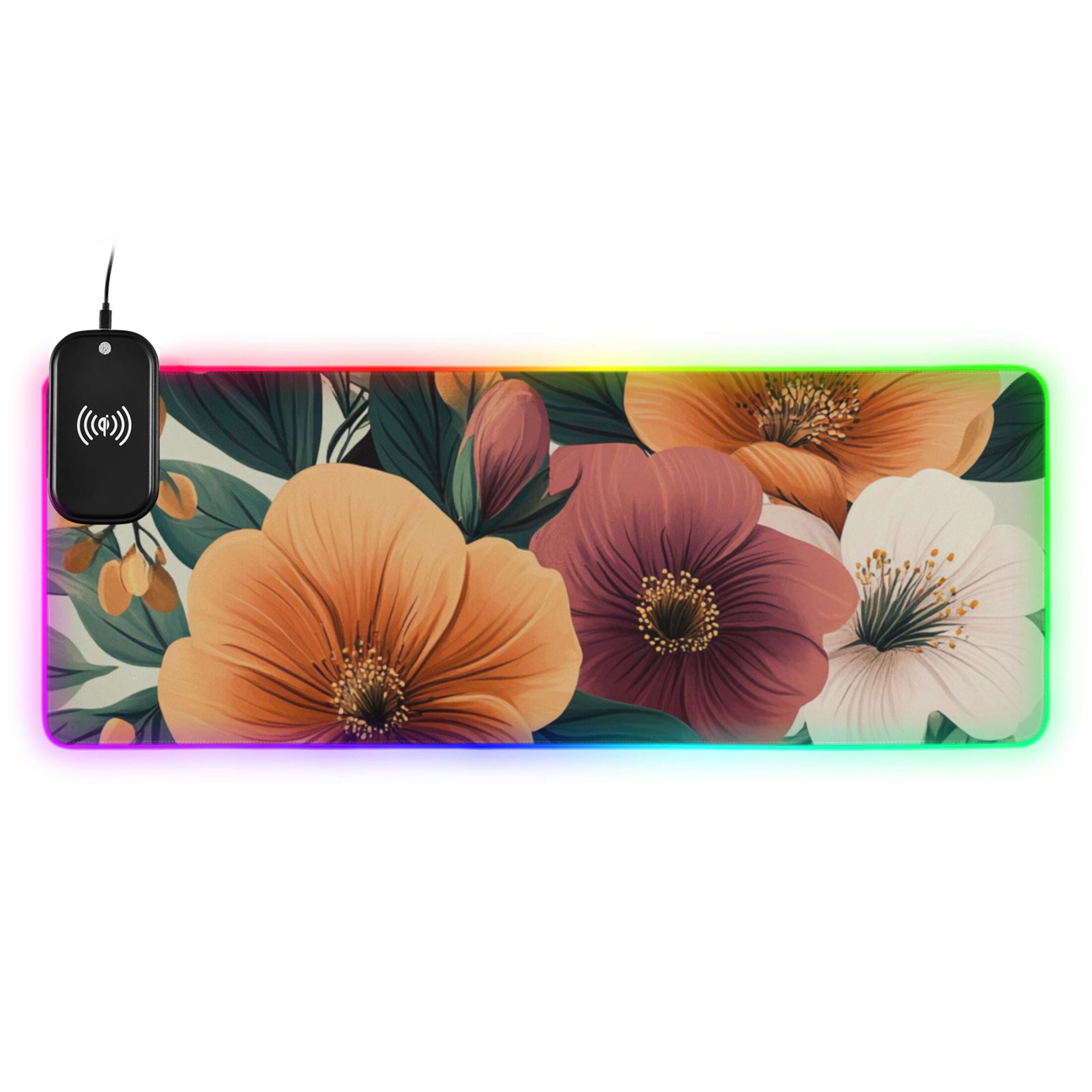 Orange Pink and White Floral Wireless Charging RGB Gaming Mouse Pad ...