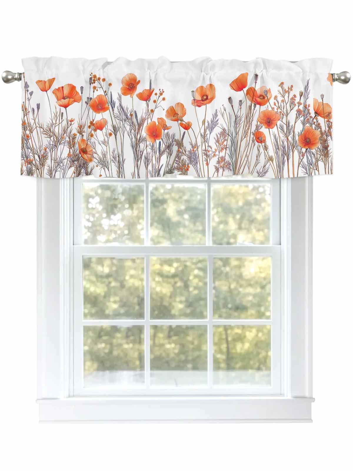 Orange Poppy Floral Flower Plant Valances Curtain Kitchen Rod Pocket ...