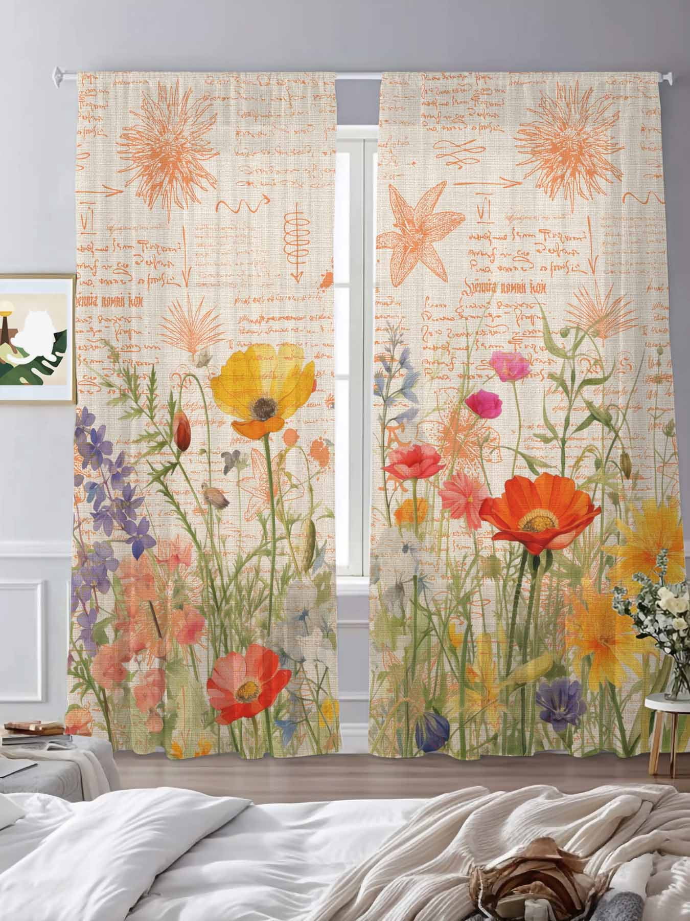 Orange Poppy Sheer Curtains 108 inches Long 2 Panels Set Flower Hand ...
