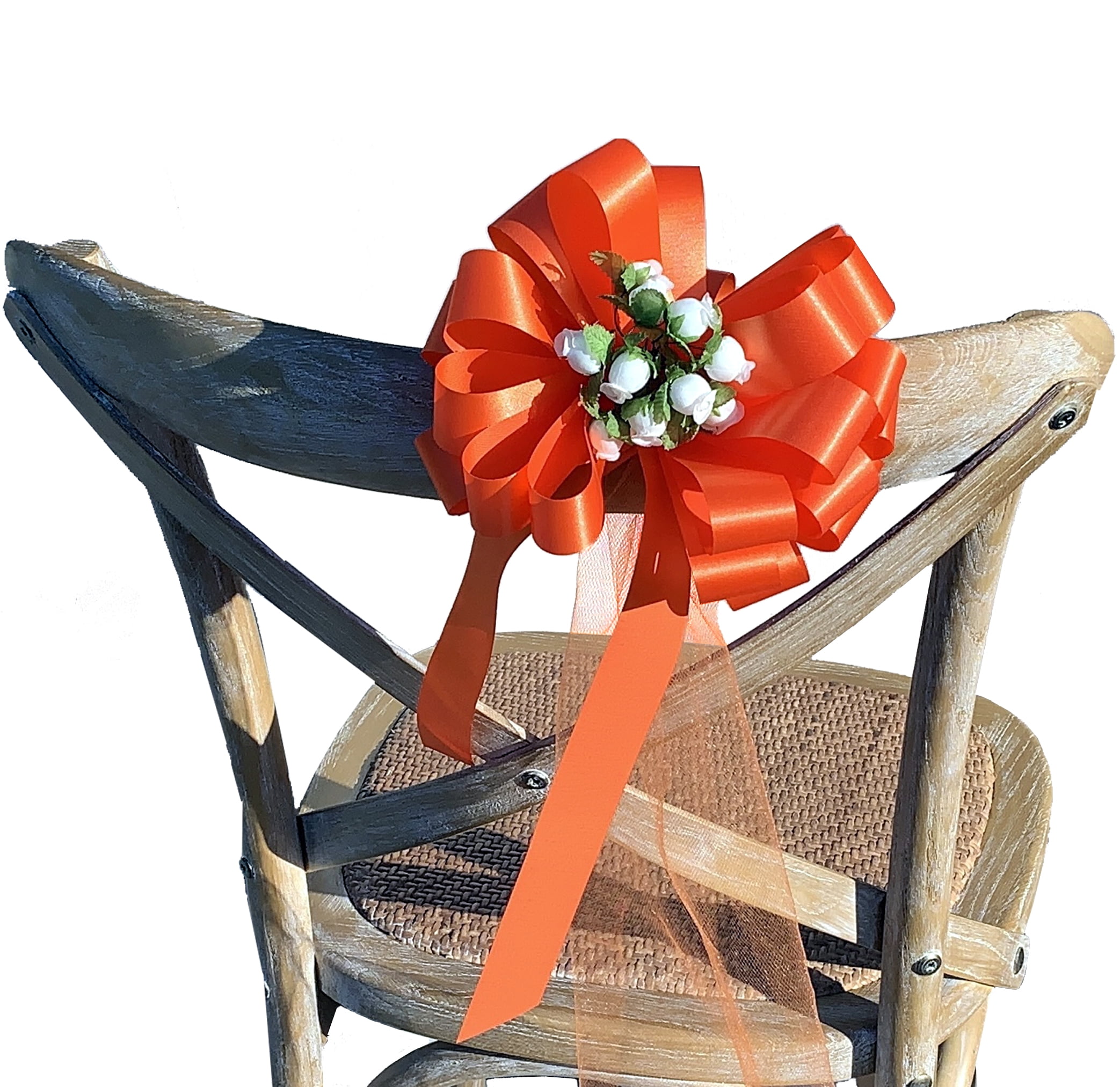 Orange Pull Bows with Tulle Tails and Rosebuds - 8" Wide, Set of 6 ...