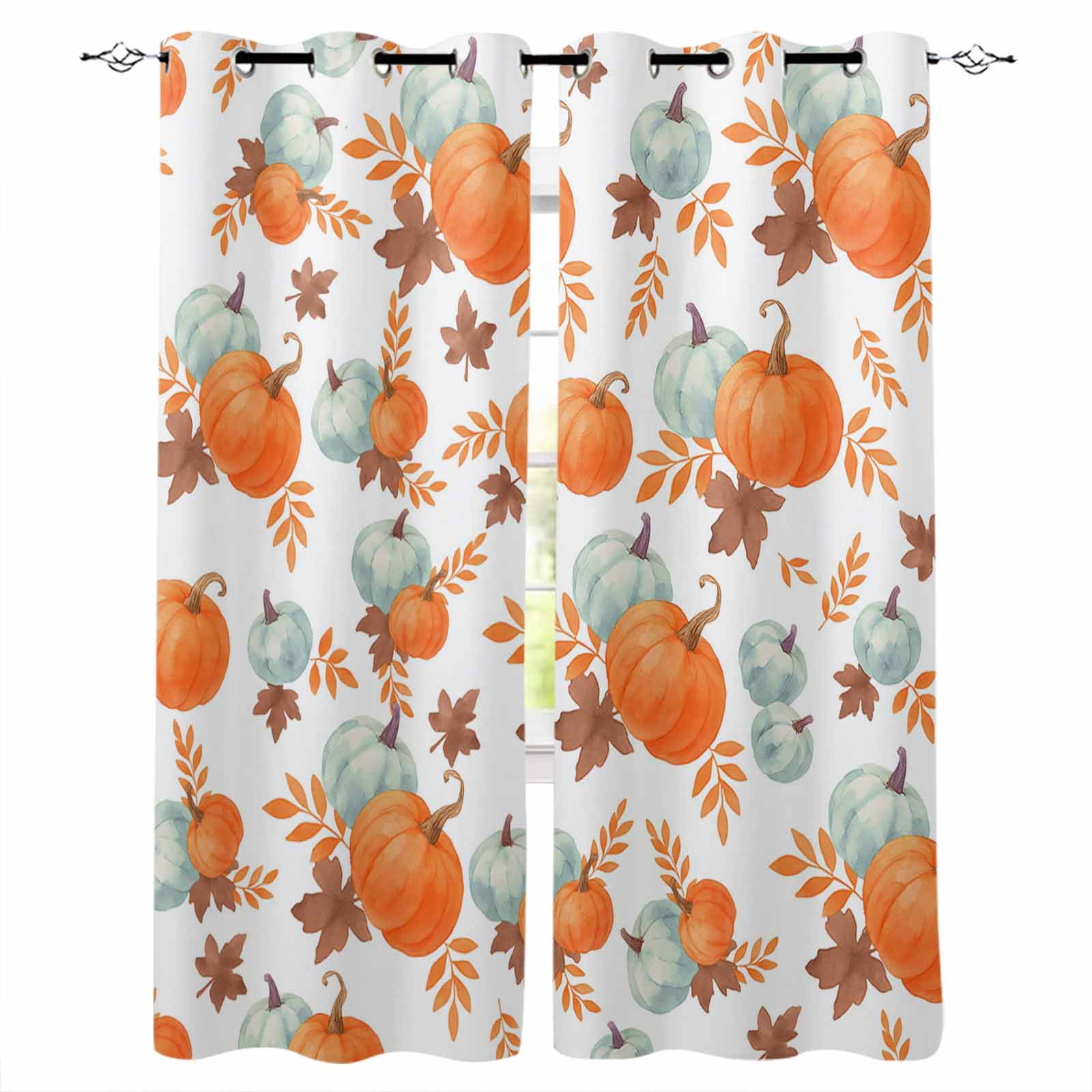 Orange Pumpkin Blackout Curtains 45 Inches Long, Fall Thanksgiving Teal ...