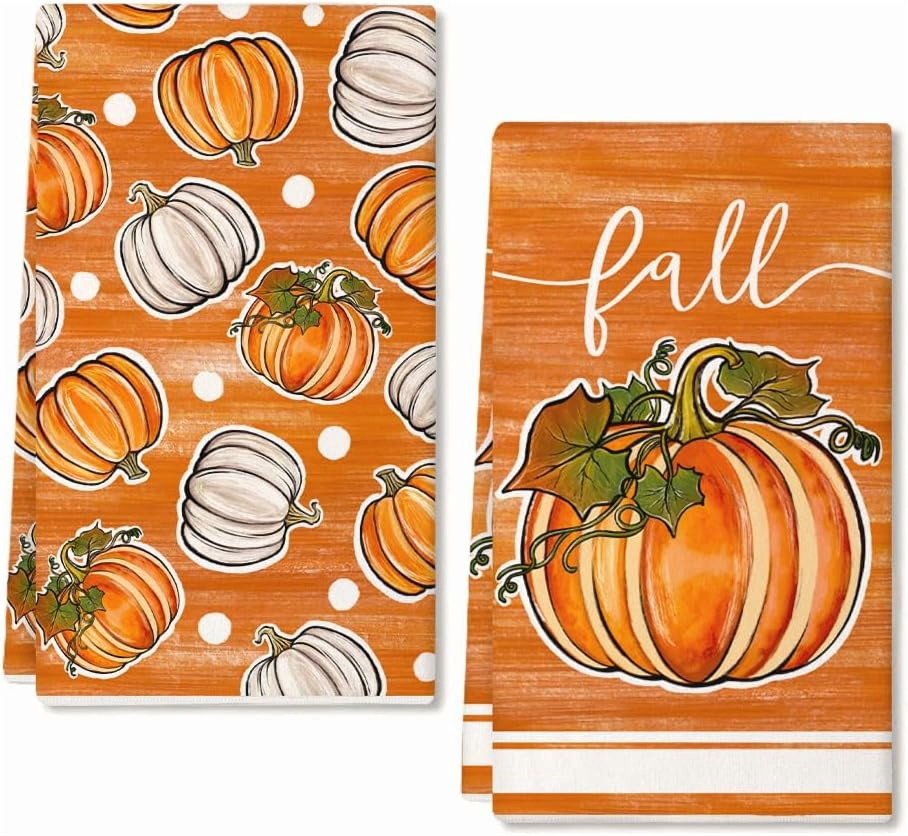 Orange Pumpkin Fall Kitchen Towels Set of 2,Leaves Autumn Dish Towels ...