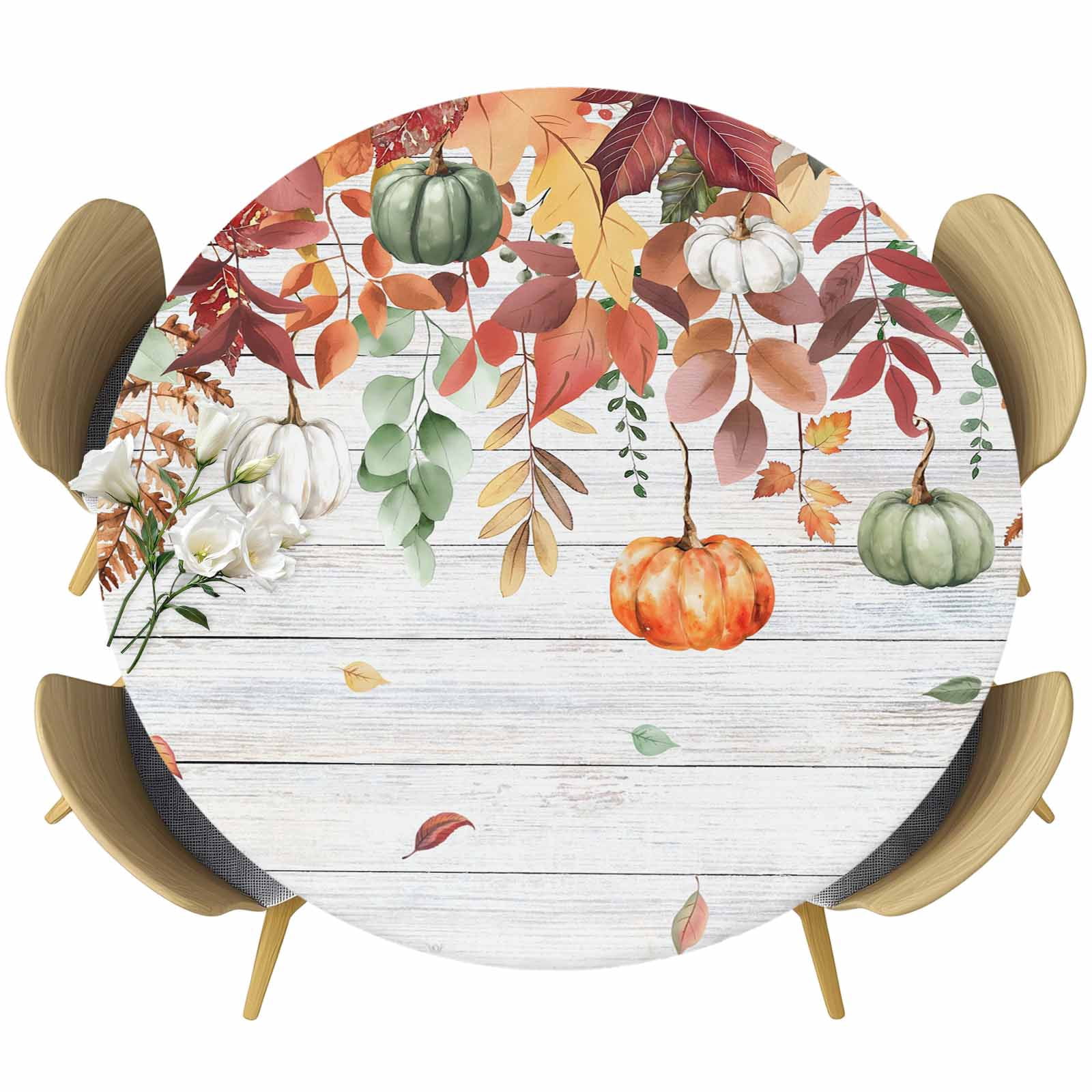 Orange Pumpkin Fall Round Tablecloth, Fitted Table Cover with Elastic ...
