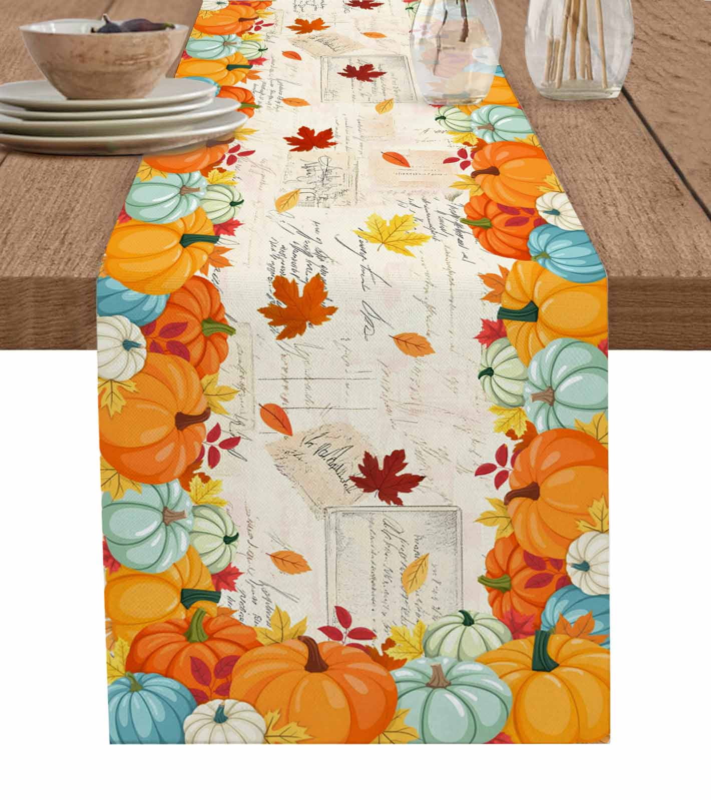 Orange Pumpkin Fall Table Runner 108 Inches, Thanksgiving Maple Leaf ...