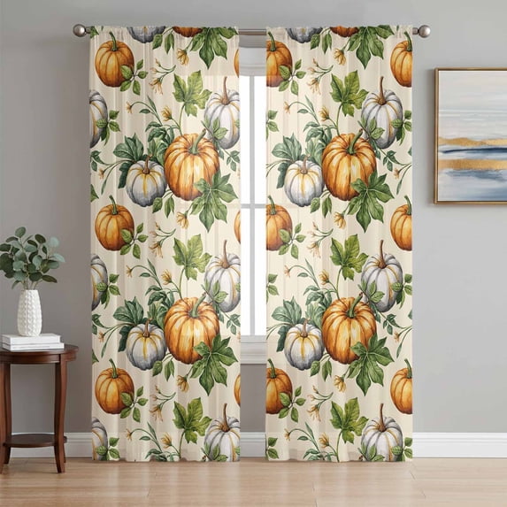Orange Pumpkin Sheer Curtains 96 Inch Length 2 Panels Set, Thanksgiving ...