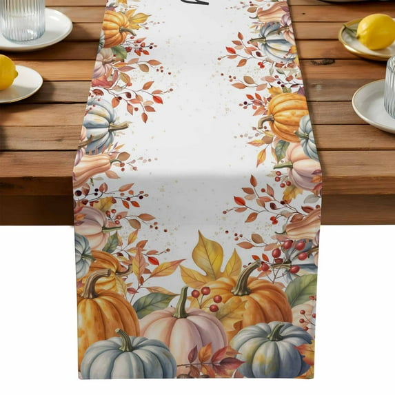 Orange Pumpkins Fall Cotton Linen Table Runner for Dining Kitchen, Thanksgiving Botanical Autumn ...