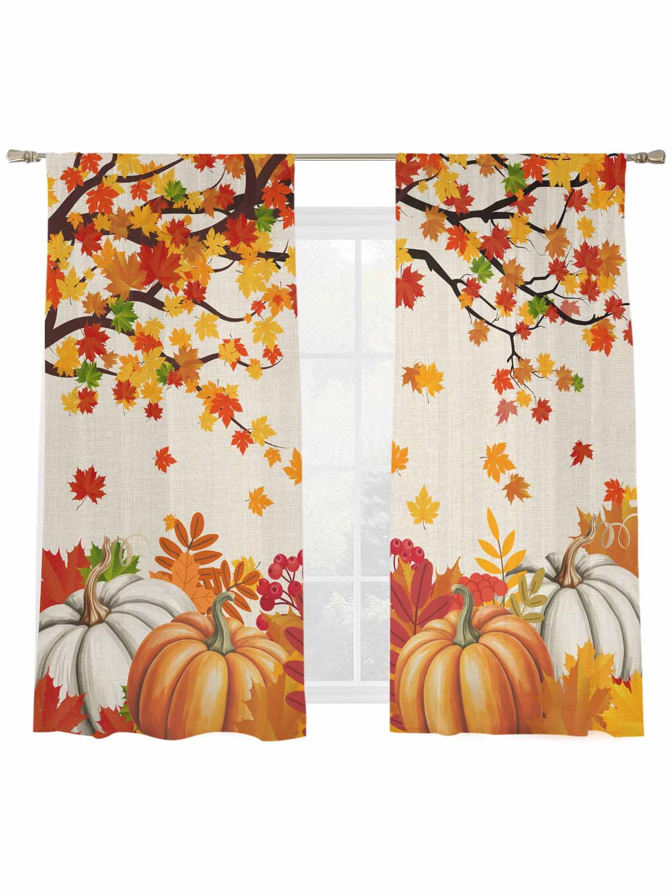 Orange Pumpkins Fall Sheer Curtains 63 inches Long, Maple Leaf ...