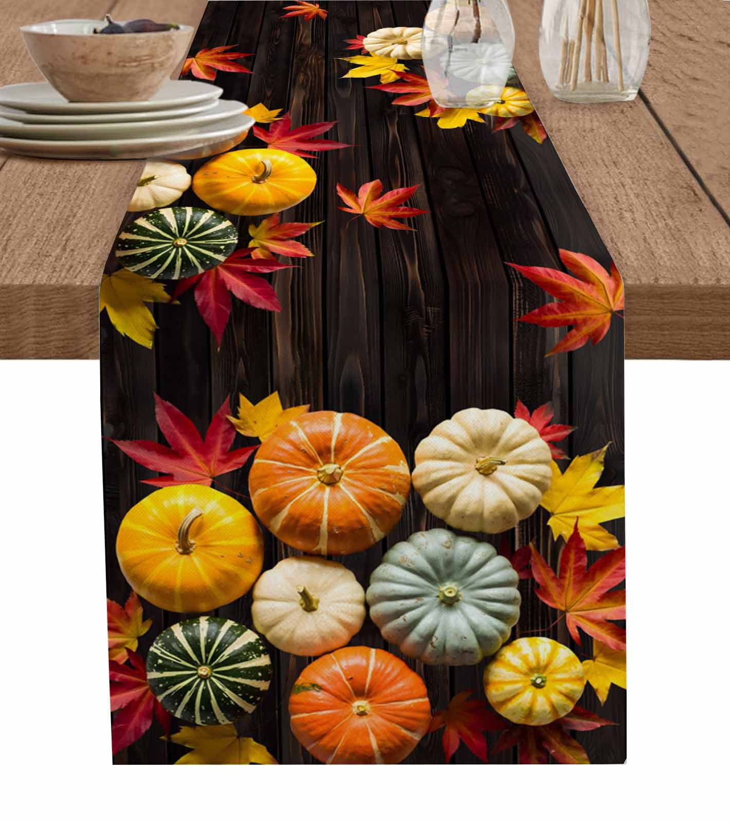 Orange Pumpkins Table Runner Maple Leaf Wooden Vintage Farmhouse ...