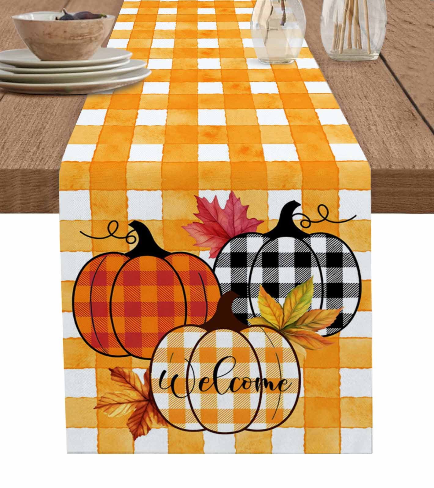 Orange Pumpkins Table Runner Plaid Farmhouse Summer Botanical Leaves ...