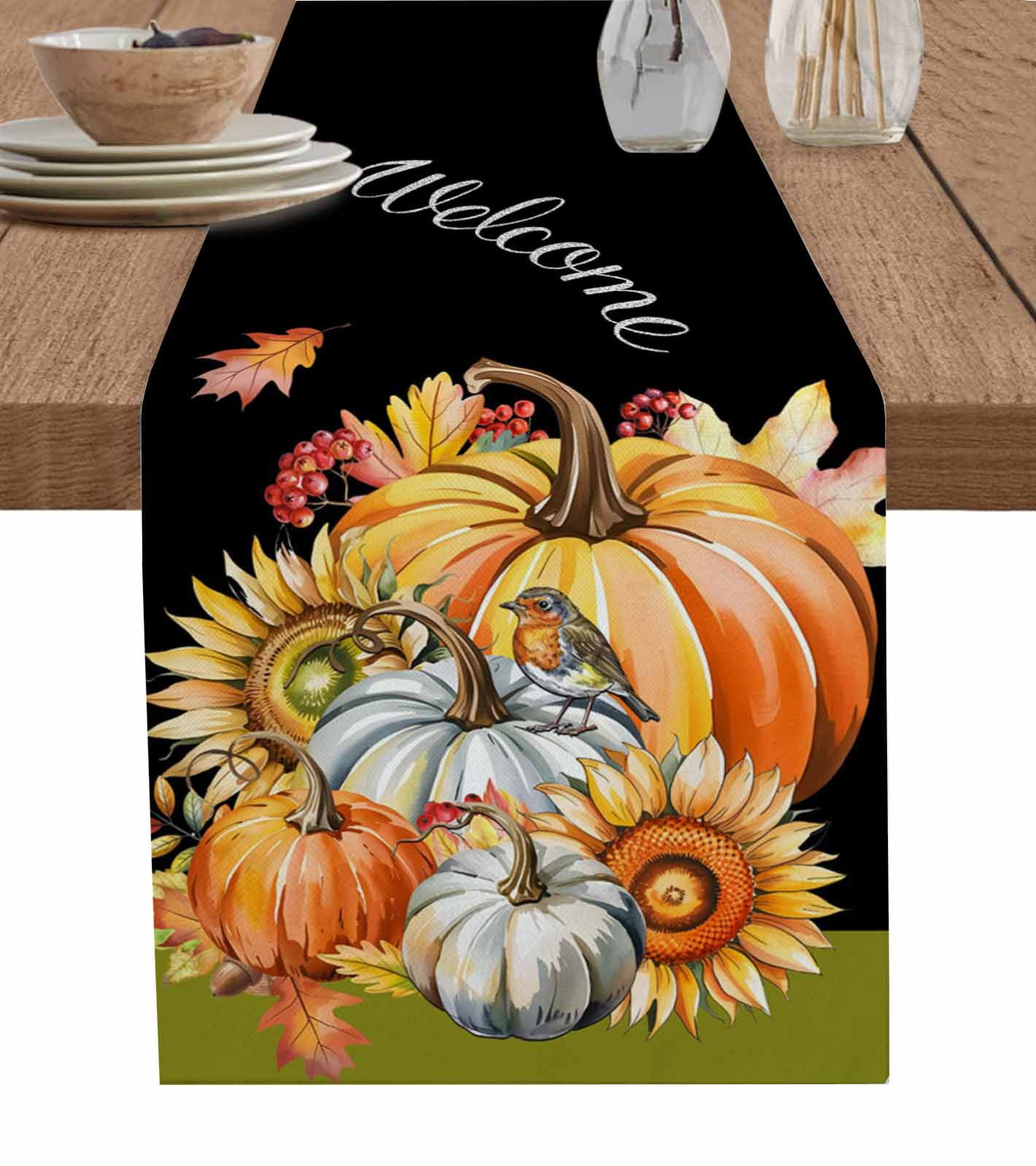 Orange Pumpkins Table Runner Watercolor Botanical Black Retro ...