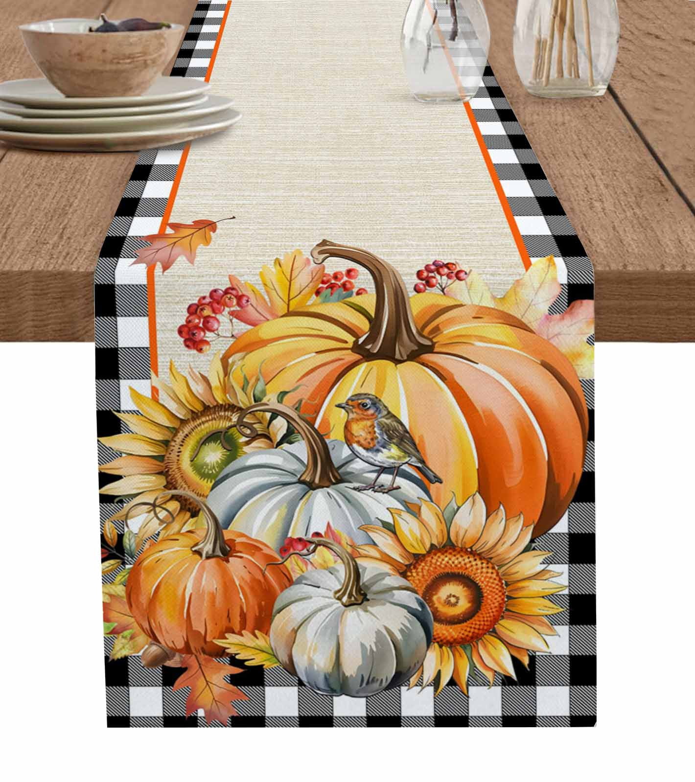 Orange Pumpkins Table Runner Watercolor Botanical Black White Plaid ...