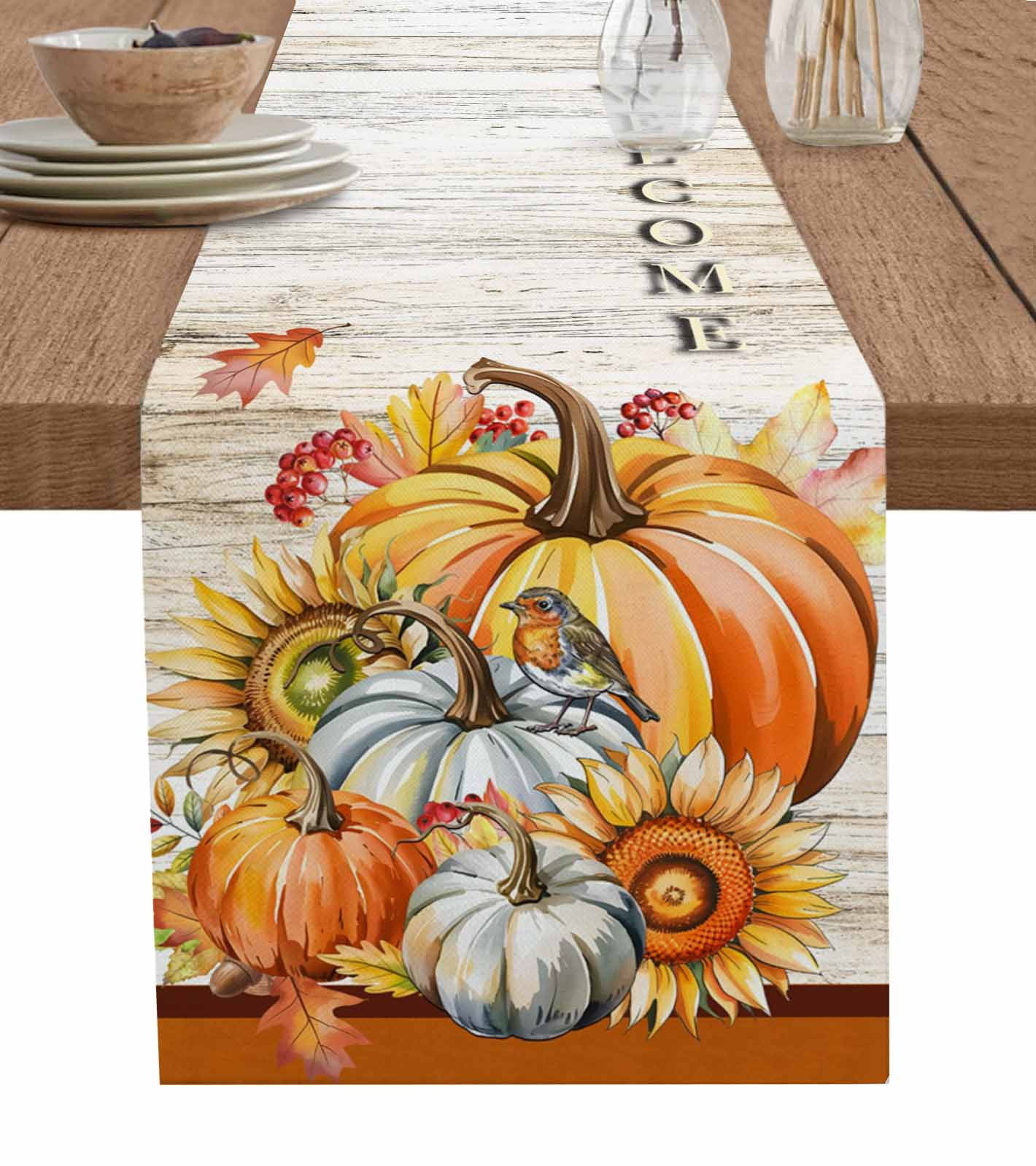 Orange Pumpkins Table Runner Watercolor Botanical Wooden Retro ...