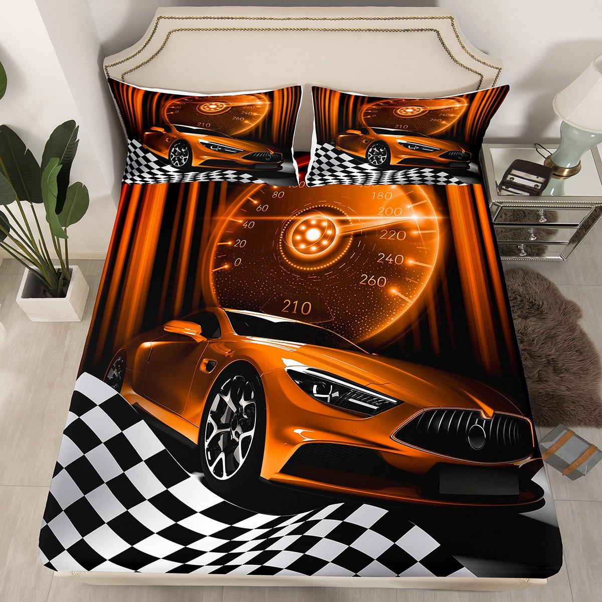 Orange Race Car Bed Sheets,Glitter Ombre Line Art Fitted Sheet Neon ...