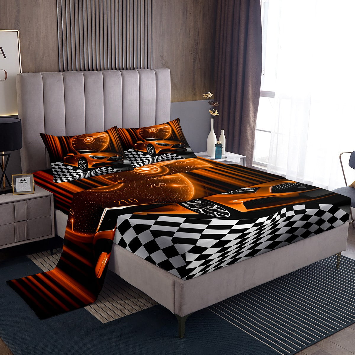 Orange Race Car Sheet Set for Teenage,Glitter Ombre Line Art Bed Sheets ...