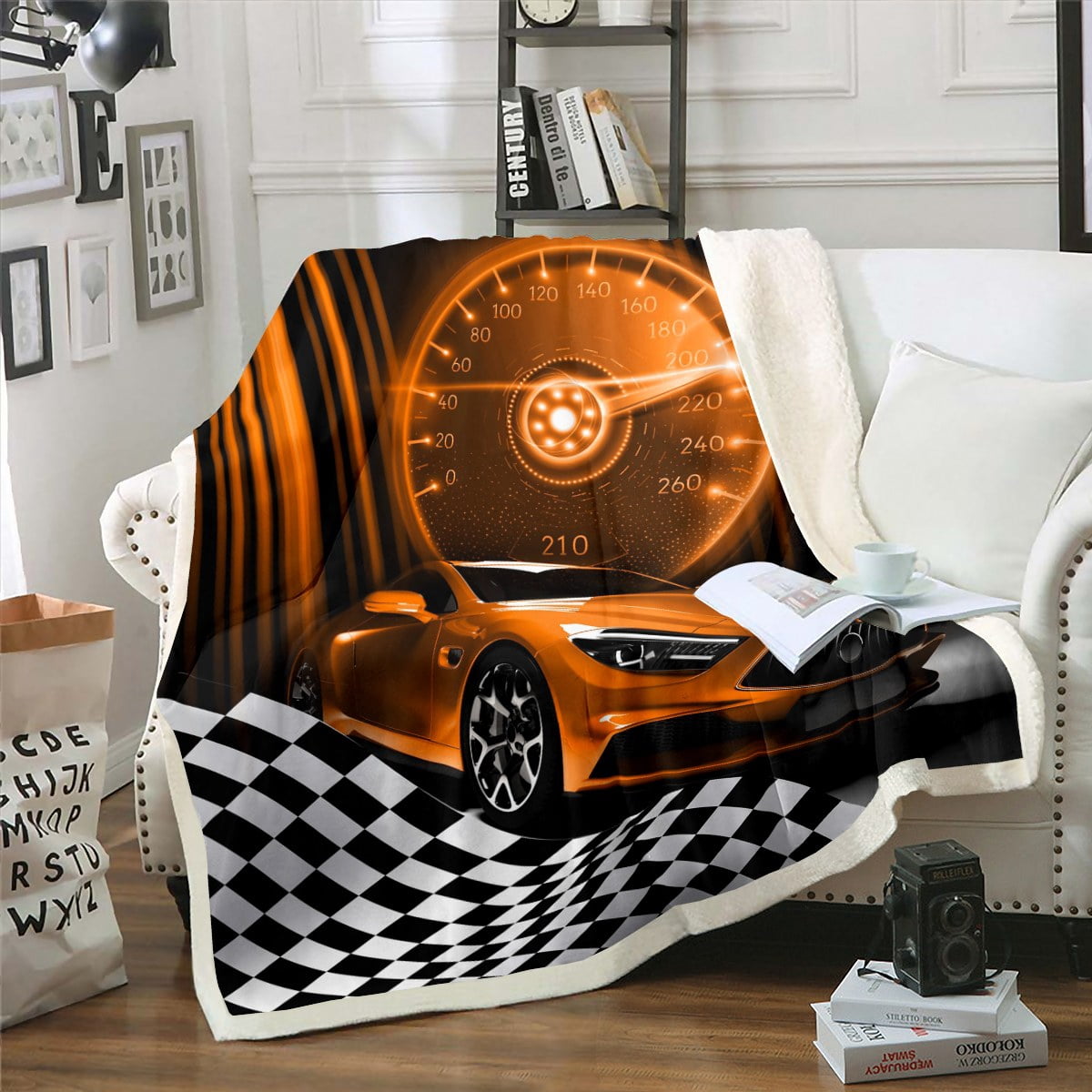 Orange Race Car Throw Blanket for Teenage,Glitter Ombre Line Art ...