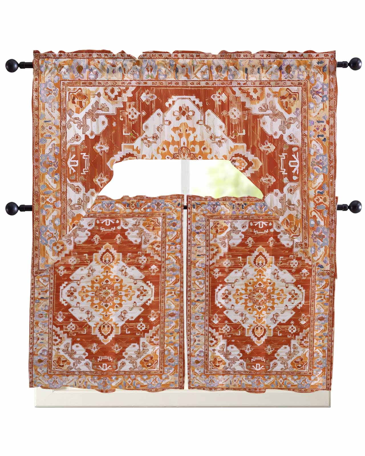 Orange Red Boho Kitchen Curtains Swag Valance and Tier Curtains Set 24 ...