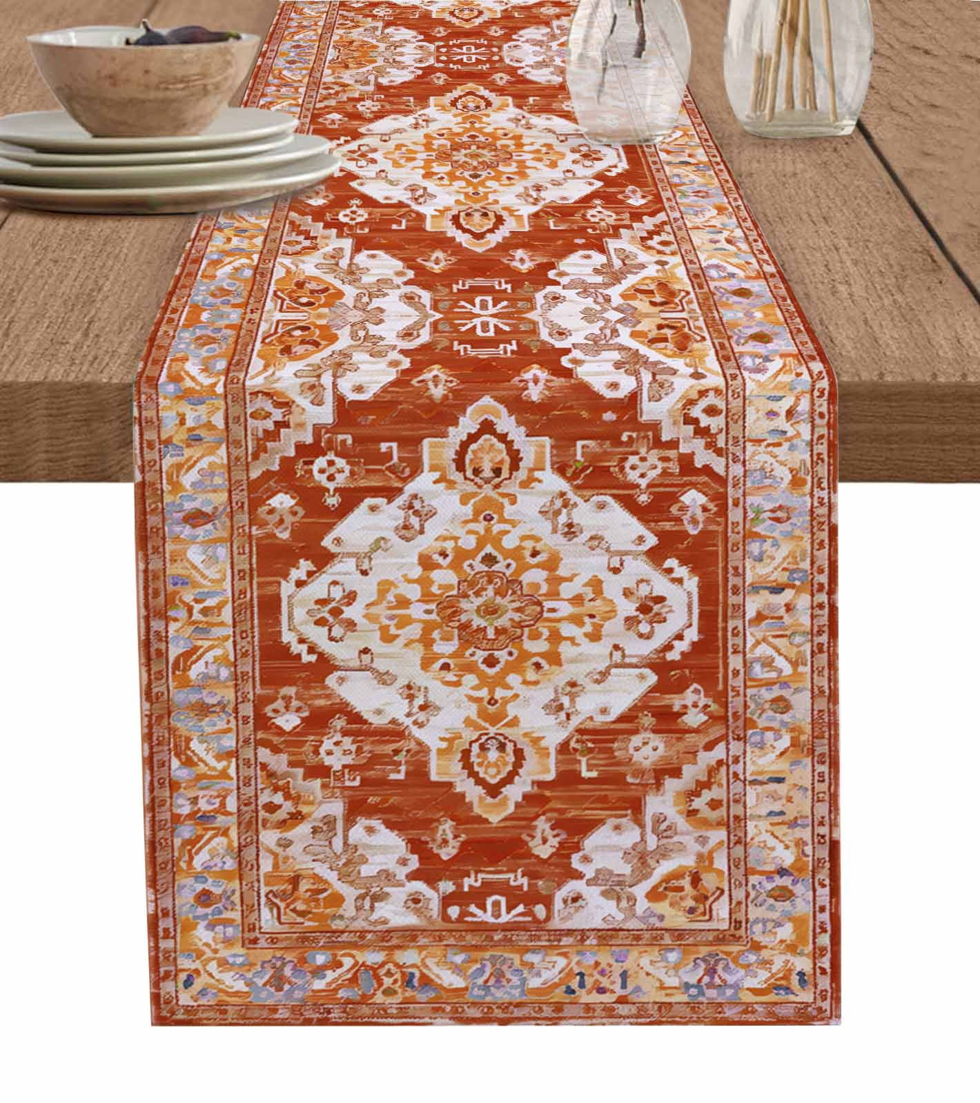 Orange Red Boho Table Runner Cotton Linen 120 Inch Holiday Dresser ...