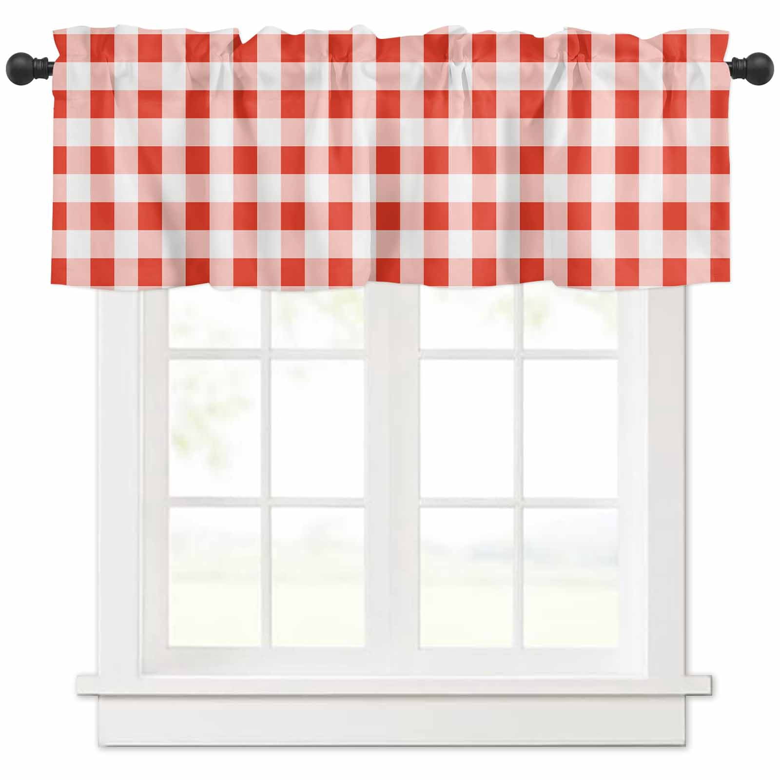 Orange Red Checkered Valances for Windows Farmhouse Kitchen Curtains ...