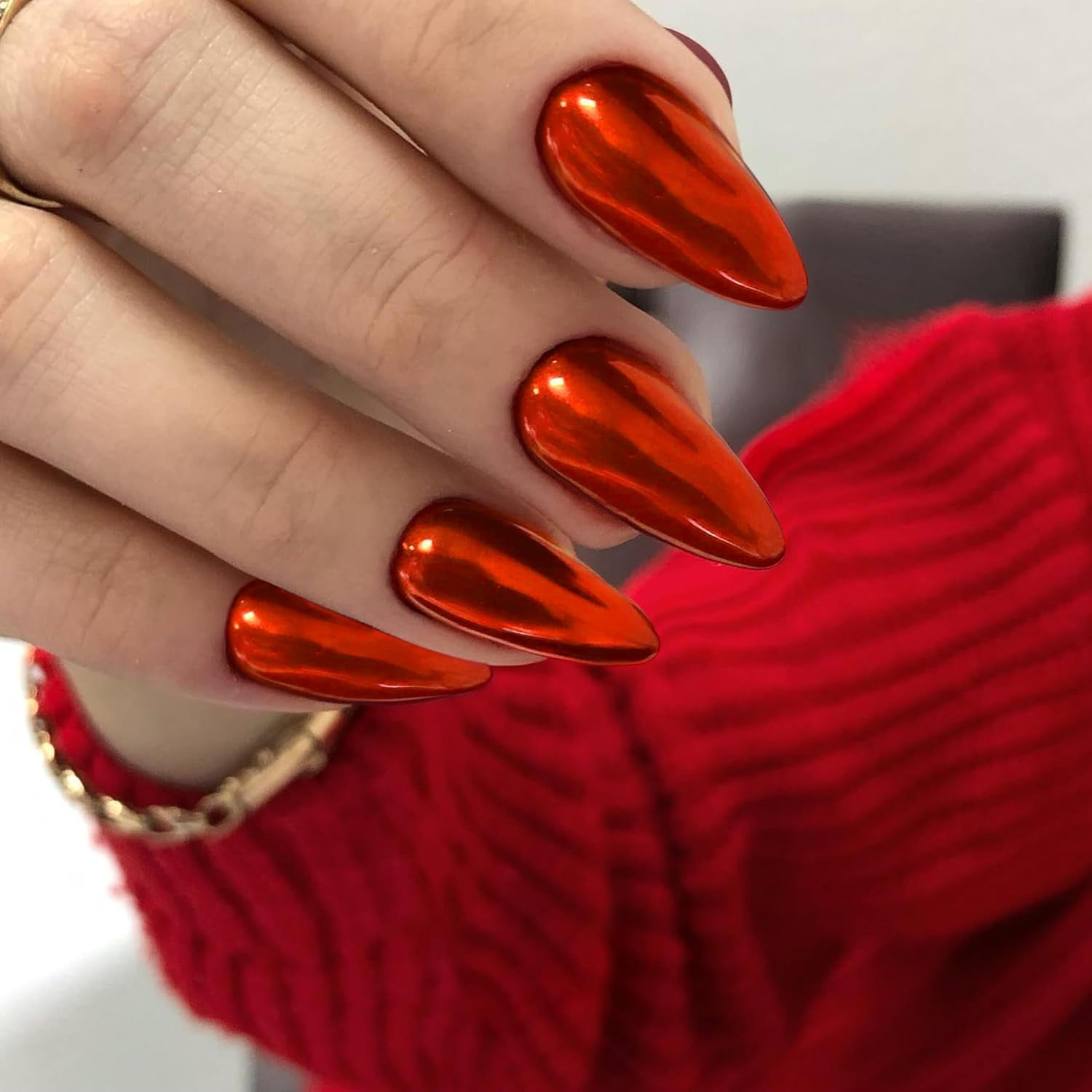 Orange Red Chrome Press on Nails Medium Almond,KQueenest Mirror Metal Stiletto Fake Acrylic ...