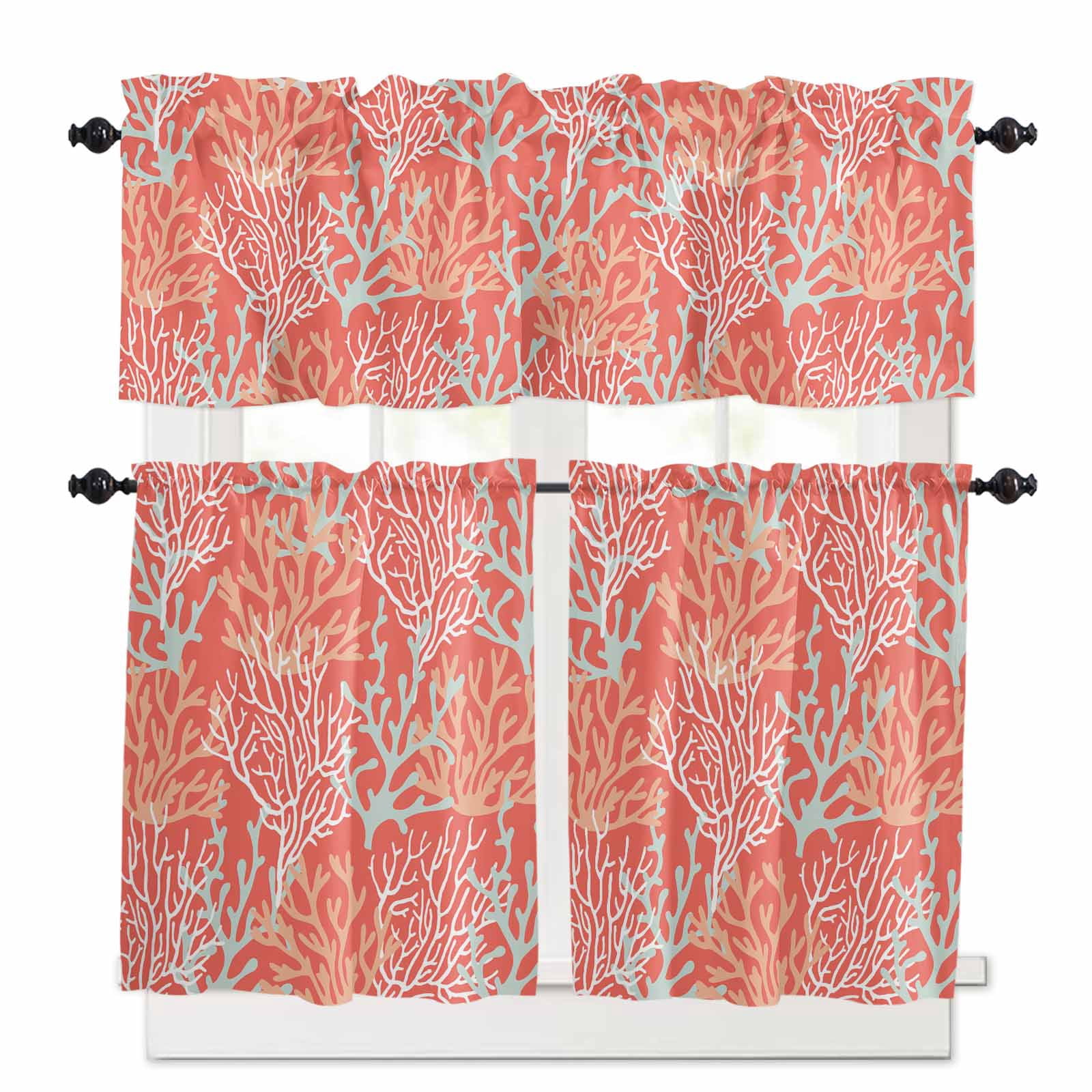 Orange Red Coral Coastal Kitchen Curtains and Valances Set, 3 Piece ...