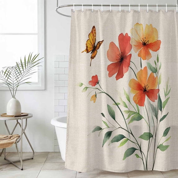 Orange Red Flowers Waterproof Fabric Shower Curtain,Farmhouse Pastoral ...