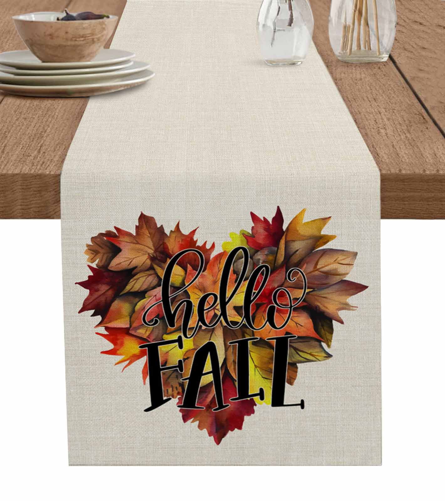 Orange Red Maple Leaf Table Runner Hello Fall Watercolor Rustic ...