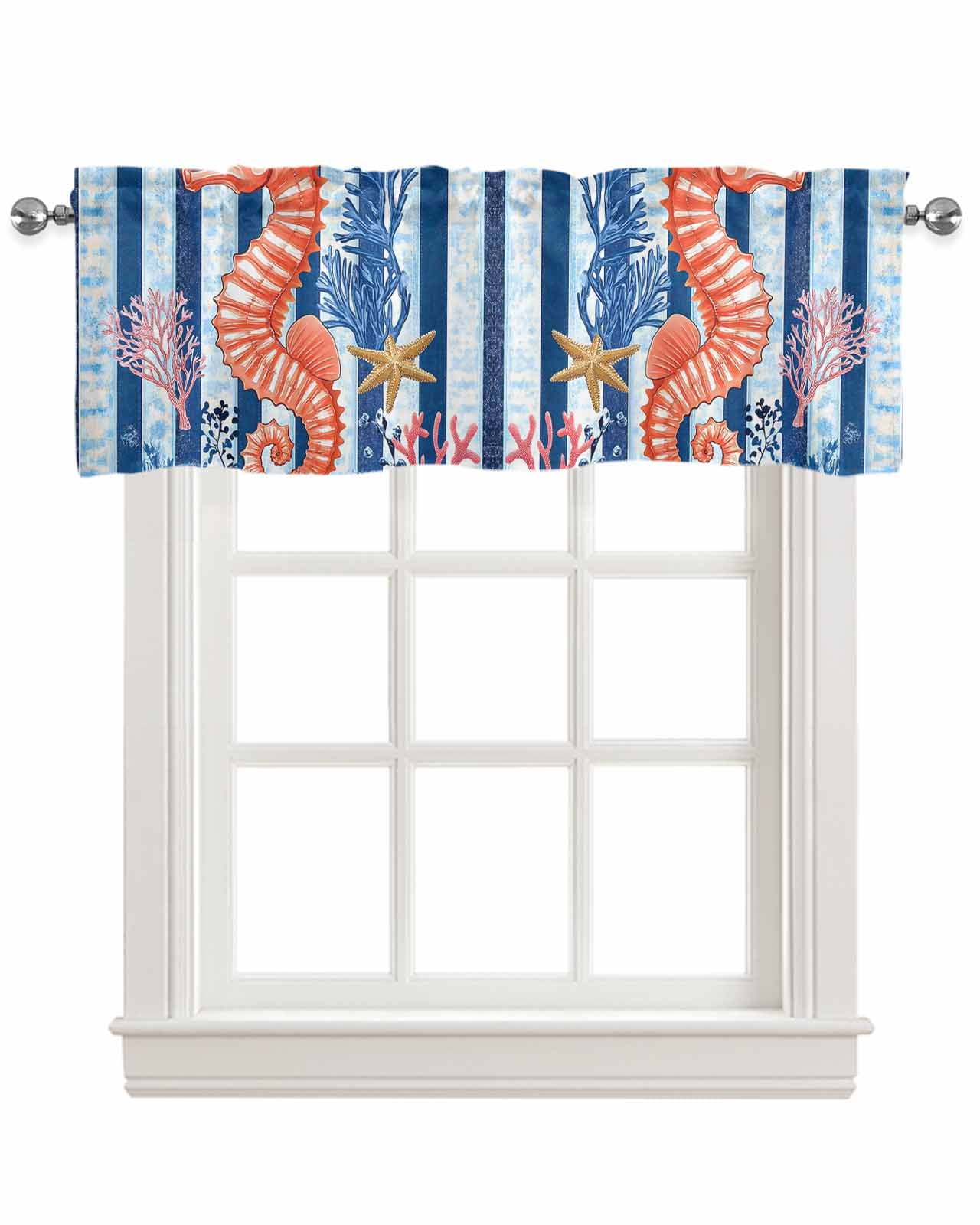 Orange Red Seahorse Kitchen Valances for Windows Farmhouse Linen Window ...