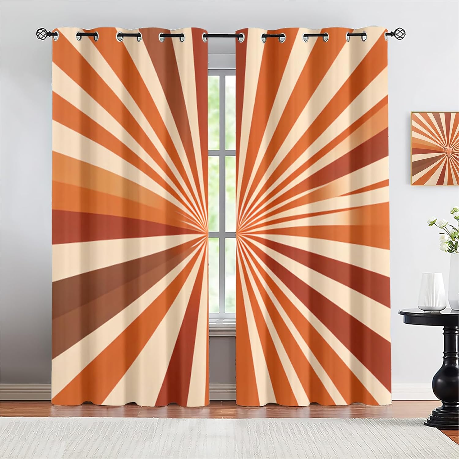 Orange Retro Background with Lines Curtain, Red Rays Stripes Boho Room ...