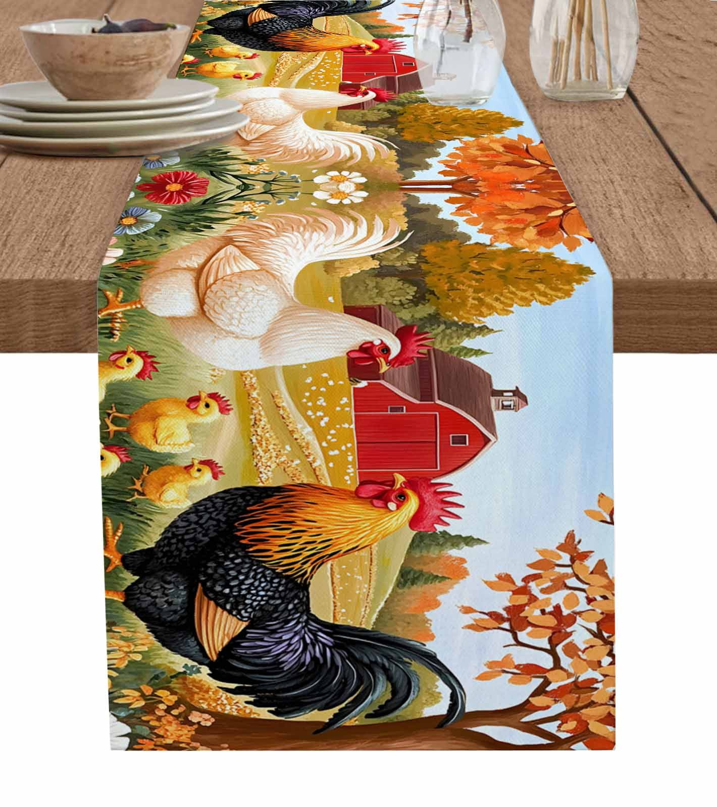 Orange Retro Rooster Table Runner 72 Inches, Pastoral Animals Spring ...
