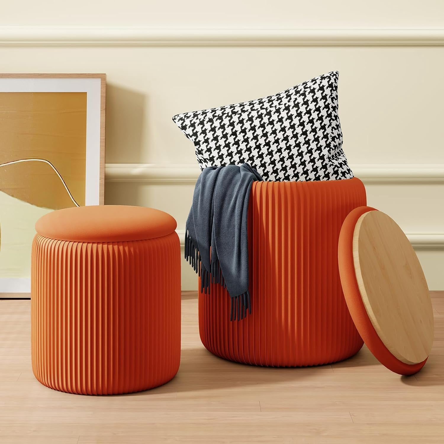 Round Ottoman with Storage Set of 2, White Vanity Stool, Upholstered ...
