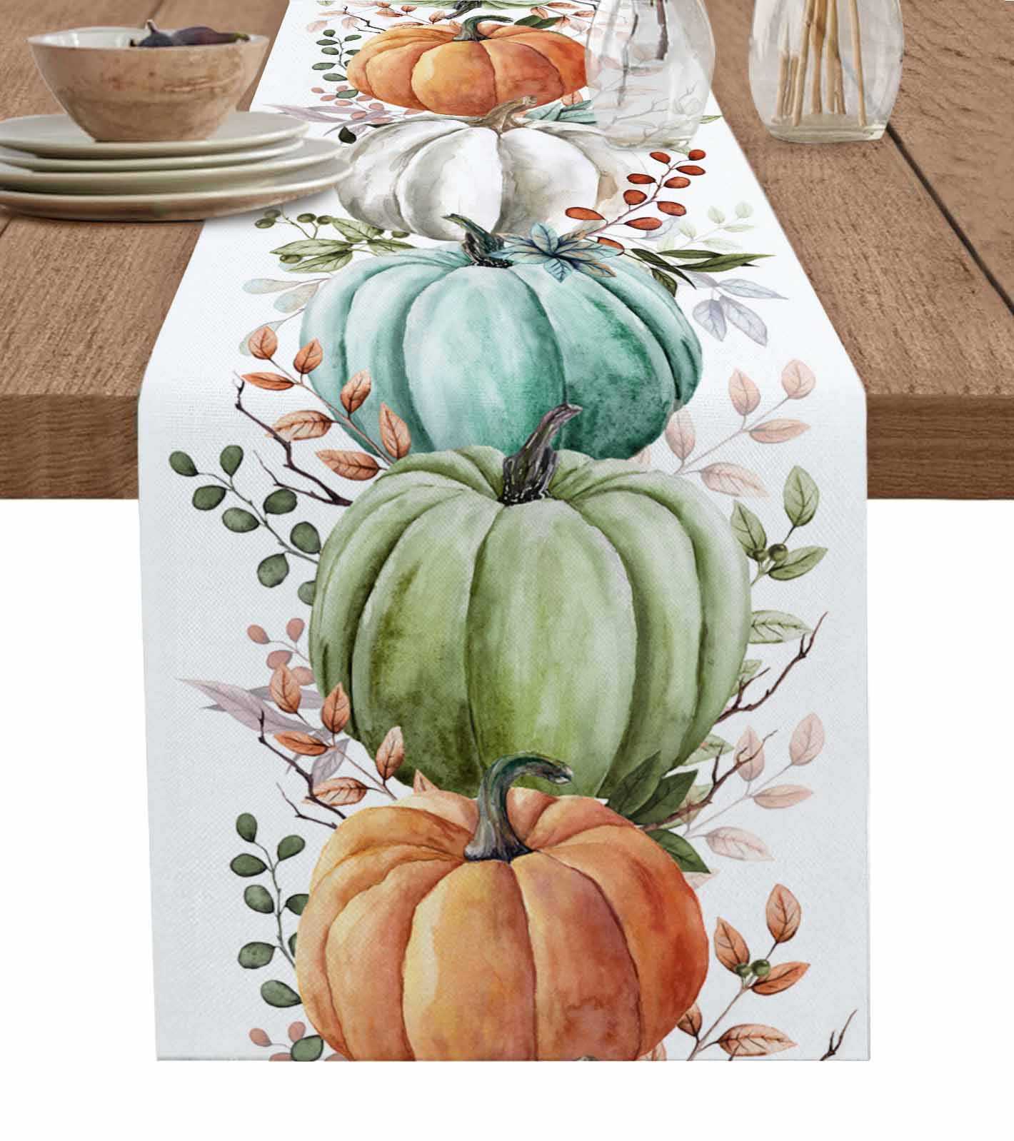 Orange Sage Green Pumpkins Burlap-Cotton Table Runner 70 Inches Long,Fall Eucalyptus Botanical ...